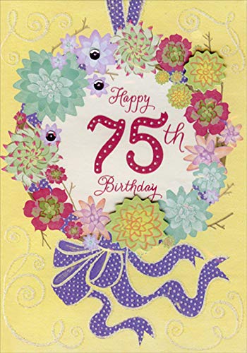 Designer Greetings Die Cut Tip On Flowers with Sequins Hand Decorated Keepsake Age 75 / 75th Birthday Card for Her