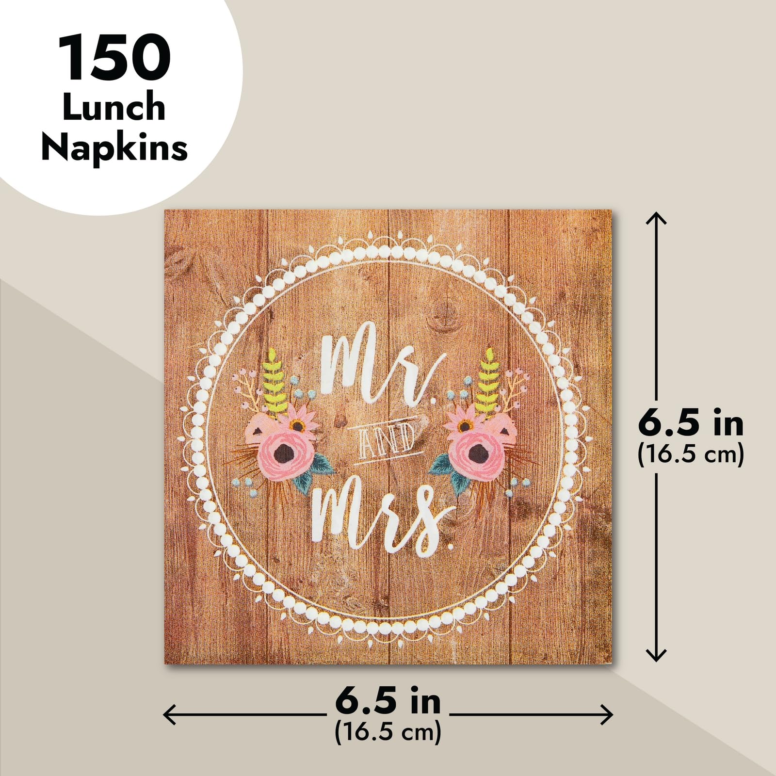BLUE PANDA 150-Pack Mr and Mrs Napkins, Disposable, Rustic-Style Wedding Napkins for Reception, Bridal Shower Decorations, Engagement Party Supplies (6.5x6.5 in) Bulk Pack