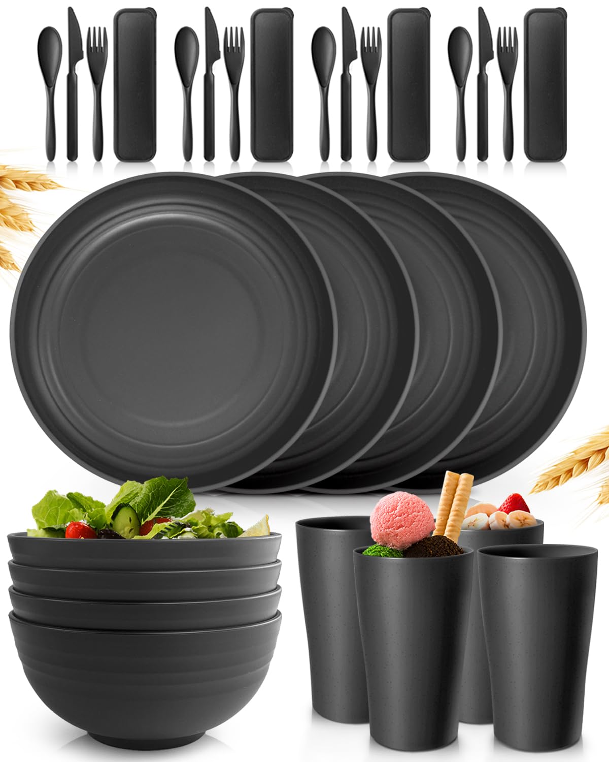 Teivio 12-Piece Kitchen Plastic Flat Wheat Straw Dinnerware Set, Service for 4, Dinner Plates, Cereal Bowls, 20oz Cups, Unbreakable Plastic Outdoor Camping Dishes, Black Matte