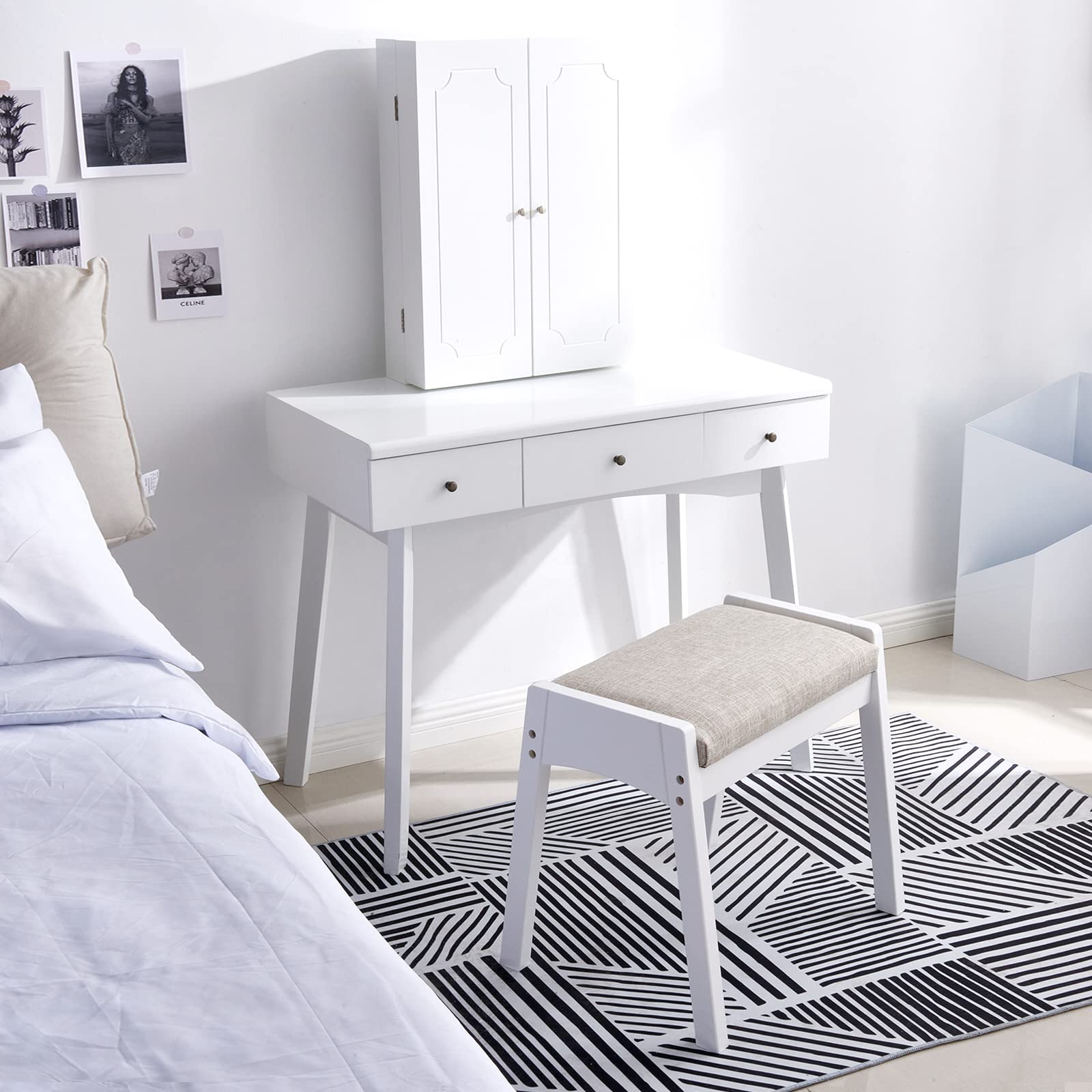 BEWISHOME Vanity Stool, Bedroom Vanity Chair with Large Surface Upholstered Seat, Vanity Bench, Desk Stool Makeup Chair,18β Height Makeup Bench Stool Chair, Stool for Vanity Makeup Stool White FSD05W