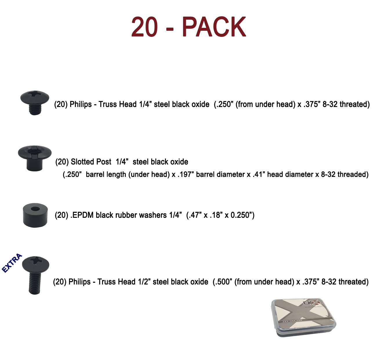 CKX-3 Black Chicago Screws 1/4β set, for DIY Kydex / Leather Knife sheath and Gun Holsters, Phillips Truss Heads + Slotted posts + Rubber Spacers / Washers + Extra: Philips Truss Head screw .500β (20)