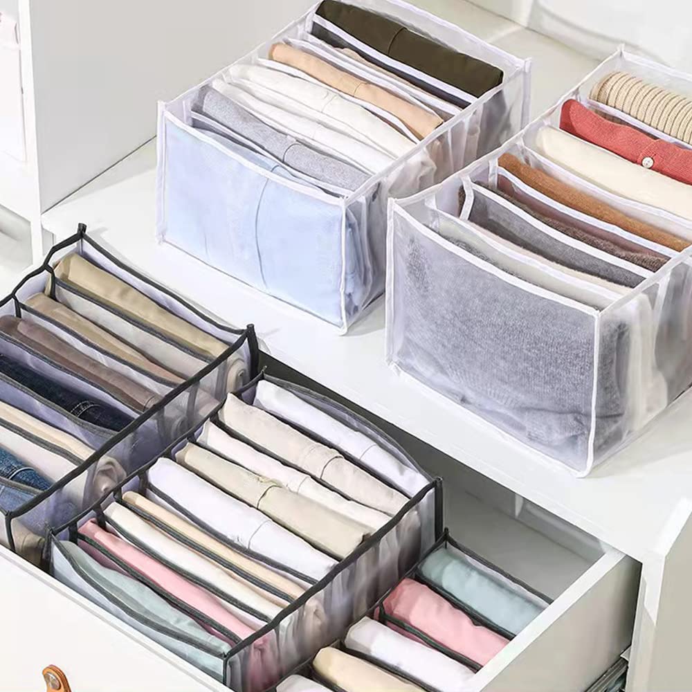 JINLU Wardrobe Clothes Organizer 7 Grids 9 Grids (2-Piece),Clothes Organizer for Folded Clothes Washable Drawer Organizers for Clothing Divided Mesh Organizing Box Uitable for Jeans (L,Gray )