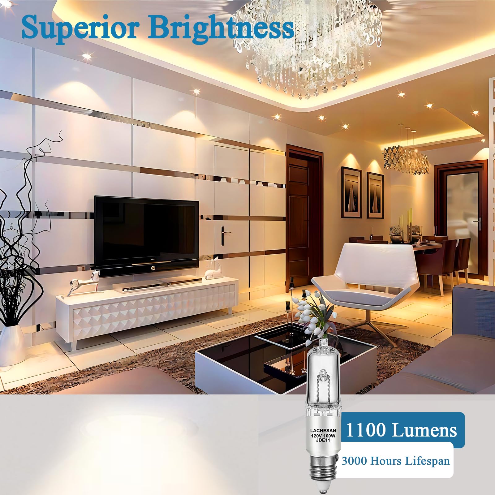 Lachesan JDE11 120v 100w, E11 Halogen Bulb(Replacement E11 Led Bulb) T4 Mini Candelabra Base, 2700K Warm White Dimmable for Chandeliers, Ceiling Fan, Table Lamps, Cabinet Lighting, 4 Pack