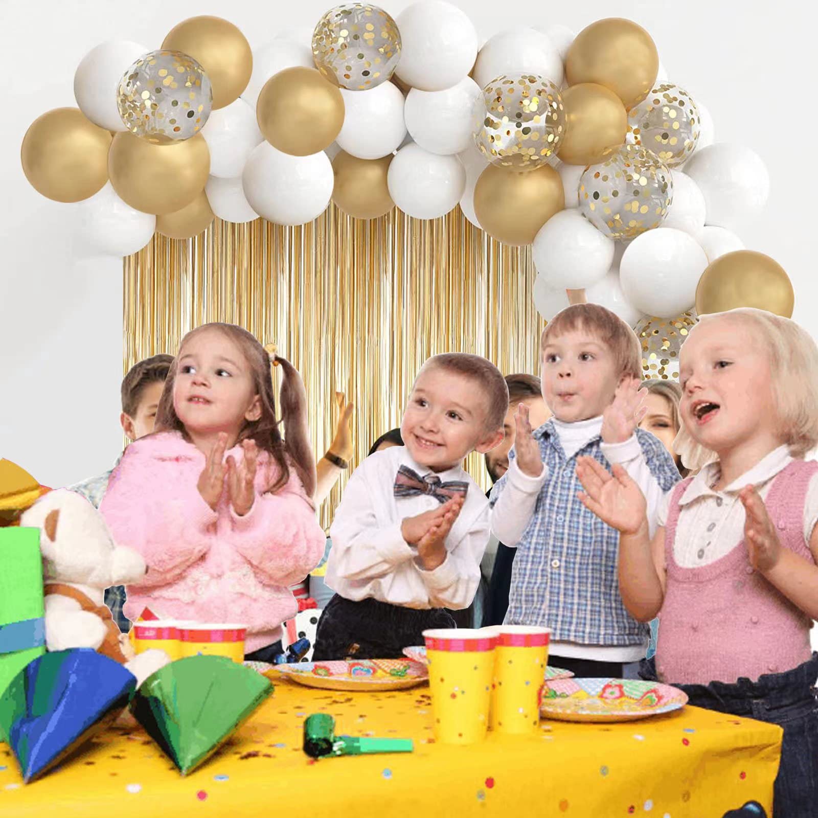 White and Gold Balloon Garland Arch Kit , White and Gold Party Decorations with 1pcs Gold Tinsel Curtains for Graduation Party New Years Birthday Anniversary
