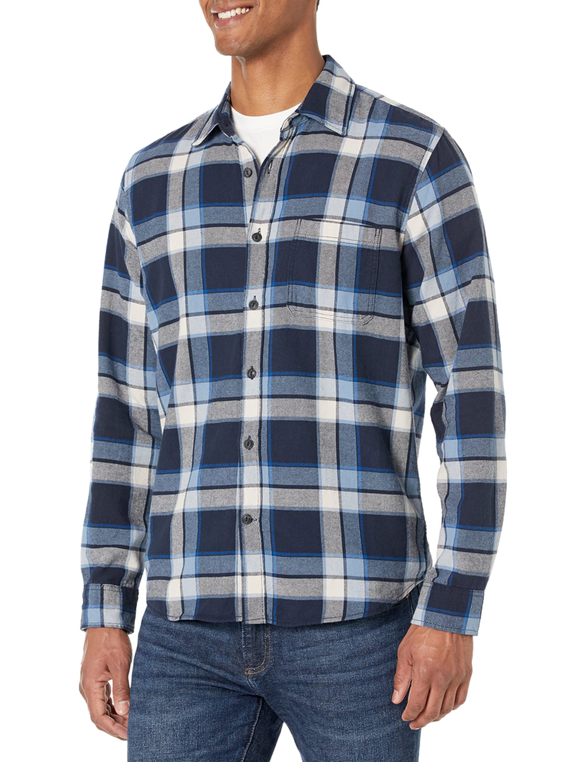 GAP Mens Untucked Flannel Button Down Shirt, Blue Windowpane Plaid, X-Large US