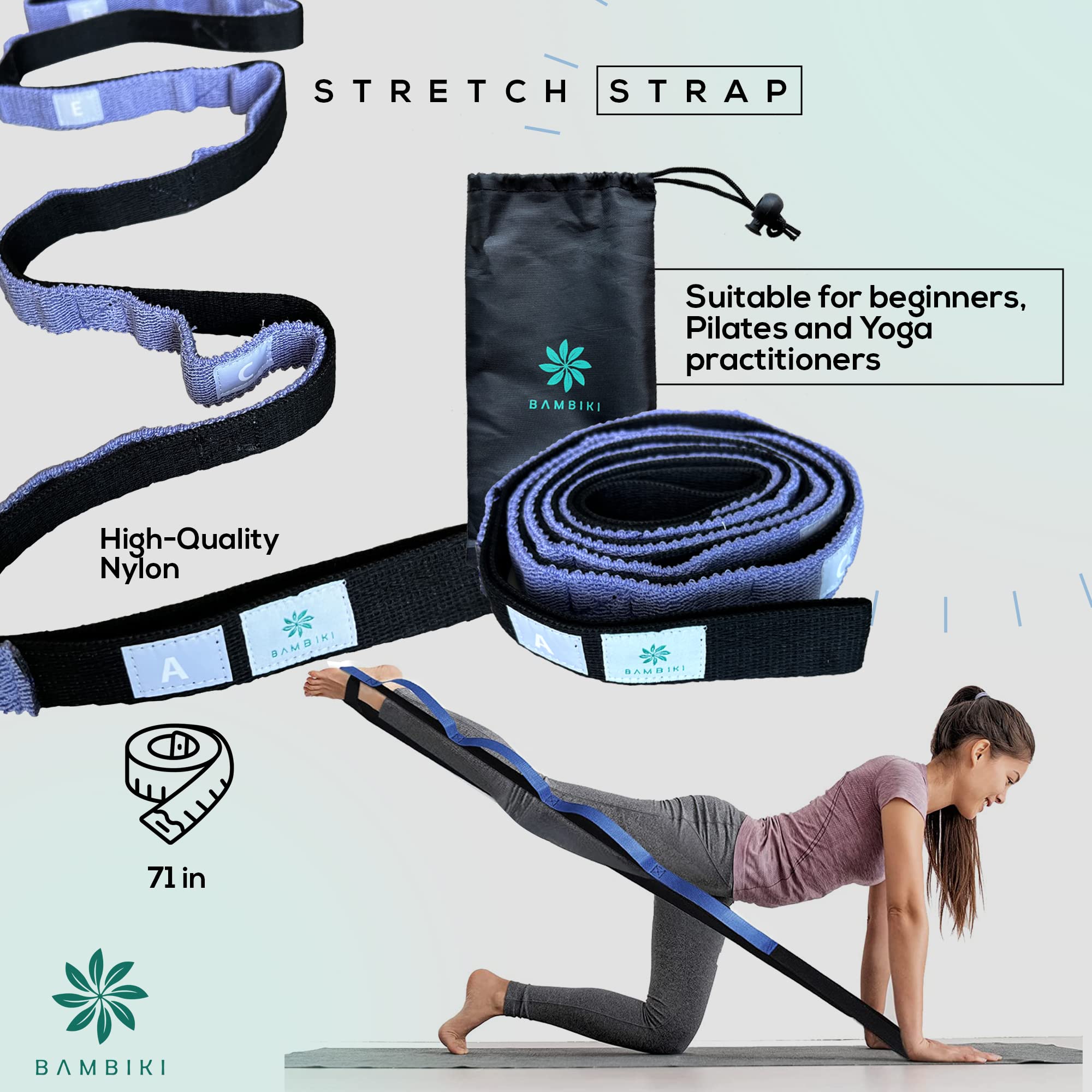 BAMBIKI Stretch Set of 3– Posture Corrector, Yoga Stick Stretching Tool – Stretching Ring – Stretch Strap with Carry Bag– Perfect for Yoga, Pilates and Physical Therapy (Blue)