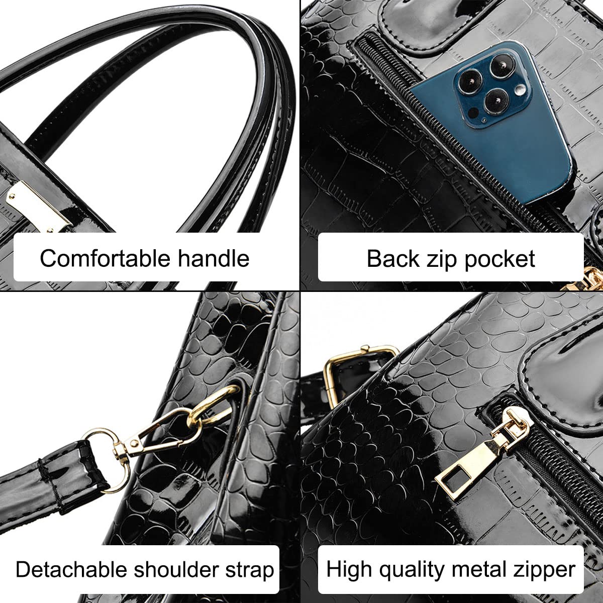 XingChen Handbag and Purse for Women Patent Leather Shoulder Bag Crocodile Pattern Top-Handle Satchel Tote Wallet(Black)