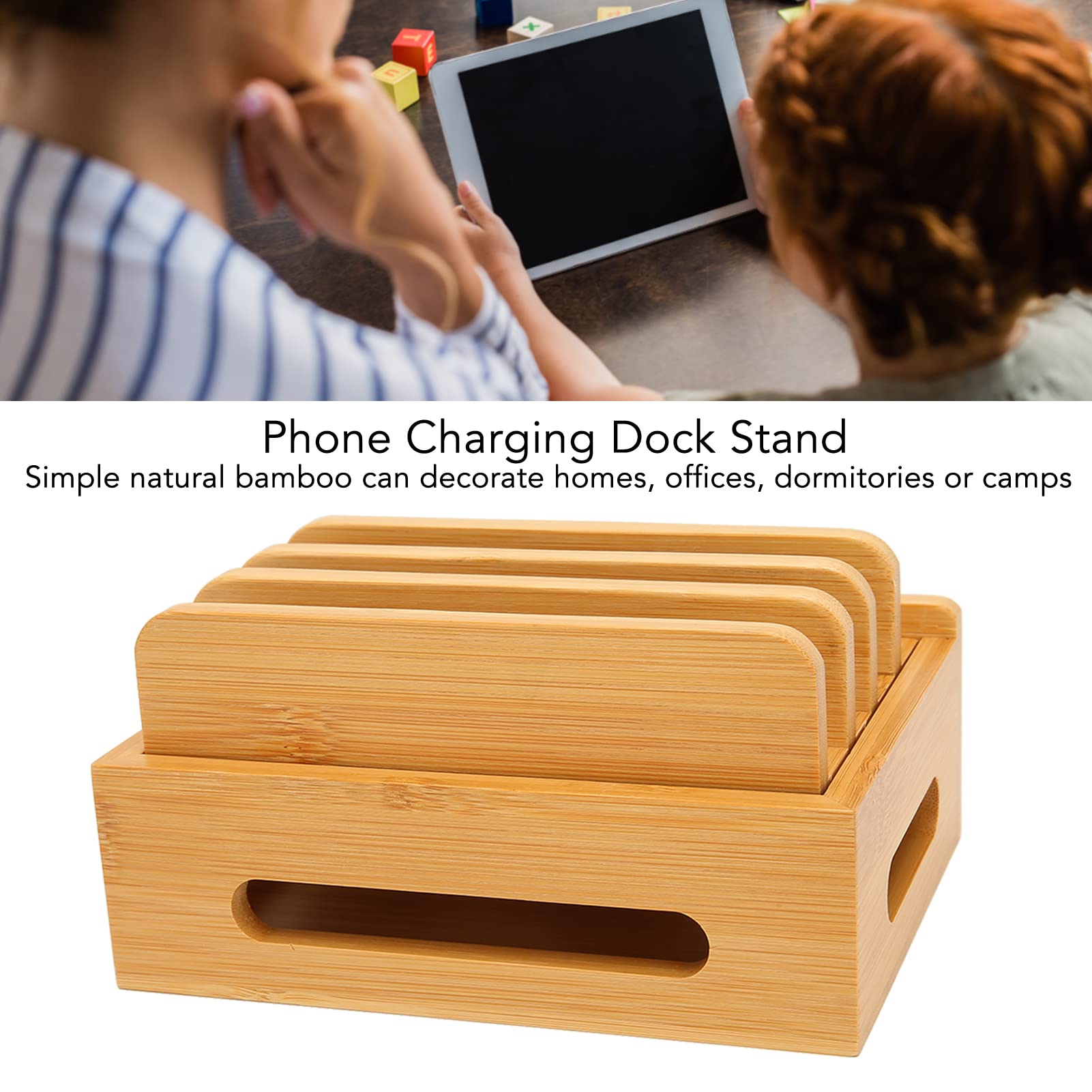 Bamboo Charging Dock Stand, Bamboo Charging Station Multiple Slots for Office