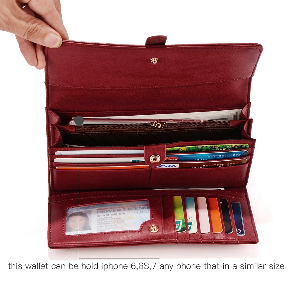 EASTNIGHTS RFID Wallets for Women Clutch Wallet Leather Trifold Wallet Credit Card Slot (wine red)