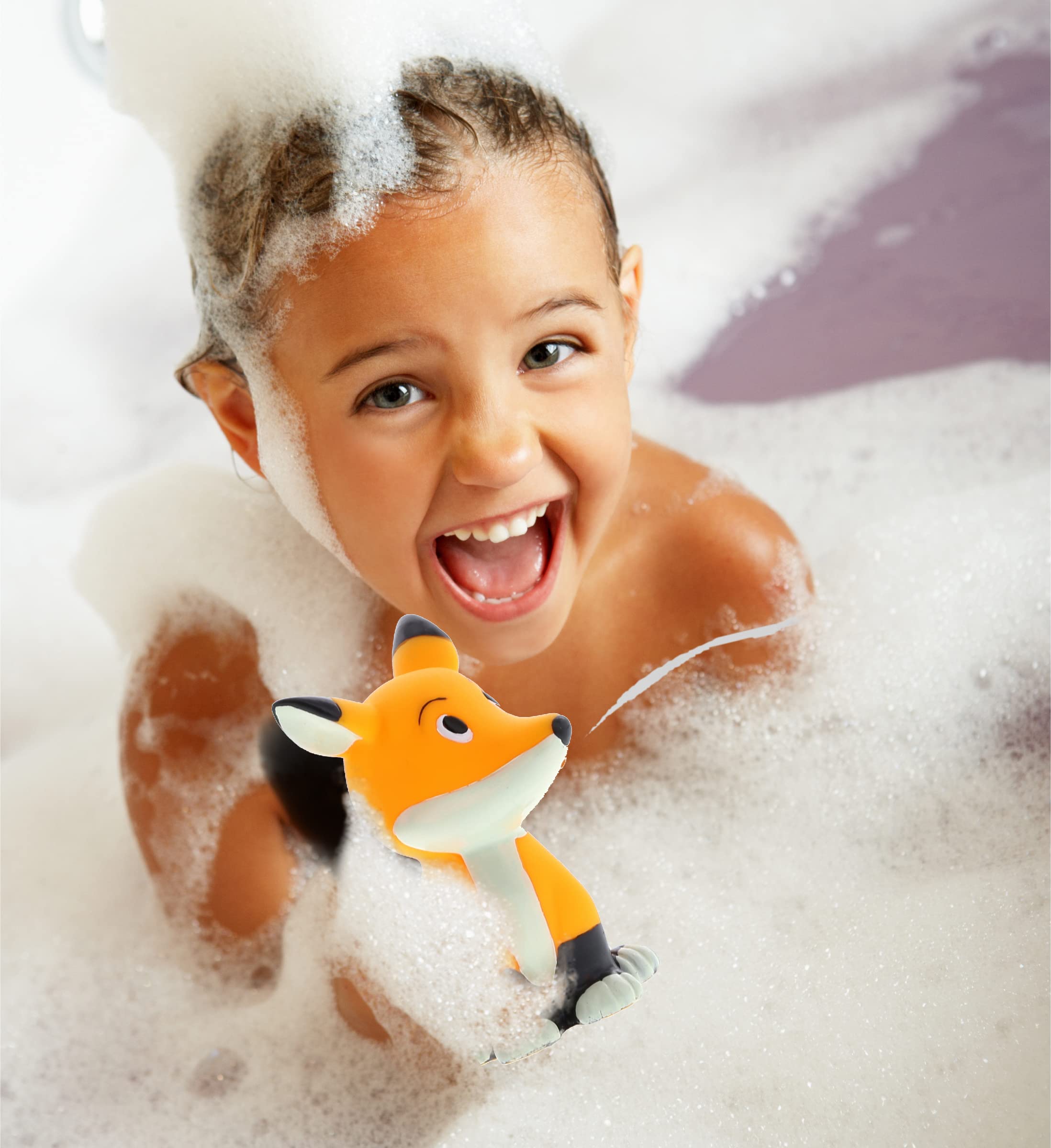 DolliBu Fox Bath Buddy Squirter - Floating Orange Fox Rubber Bath Toy, Fun Water Squirting Bathtime Play For Toddlers, Cute and Soft Wild Life Animal Toy For The Bathtub, Beach & Pool for Girls & Boys