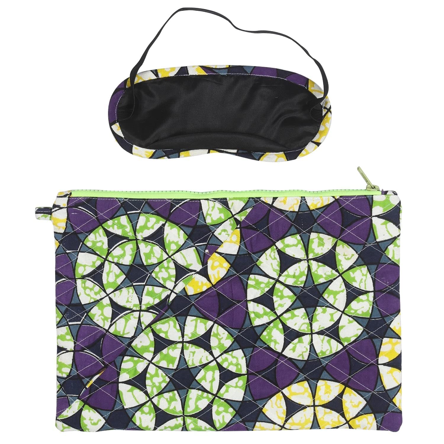 ANATHA 100% COTTON PRINTED CLUTCH/POUCH AND AFRICAN PRINT EYE MASK WITH LINING AND ZIPPER FASTENER - AFRICAN HAND PRINT FABRIC USED, Multicolour