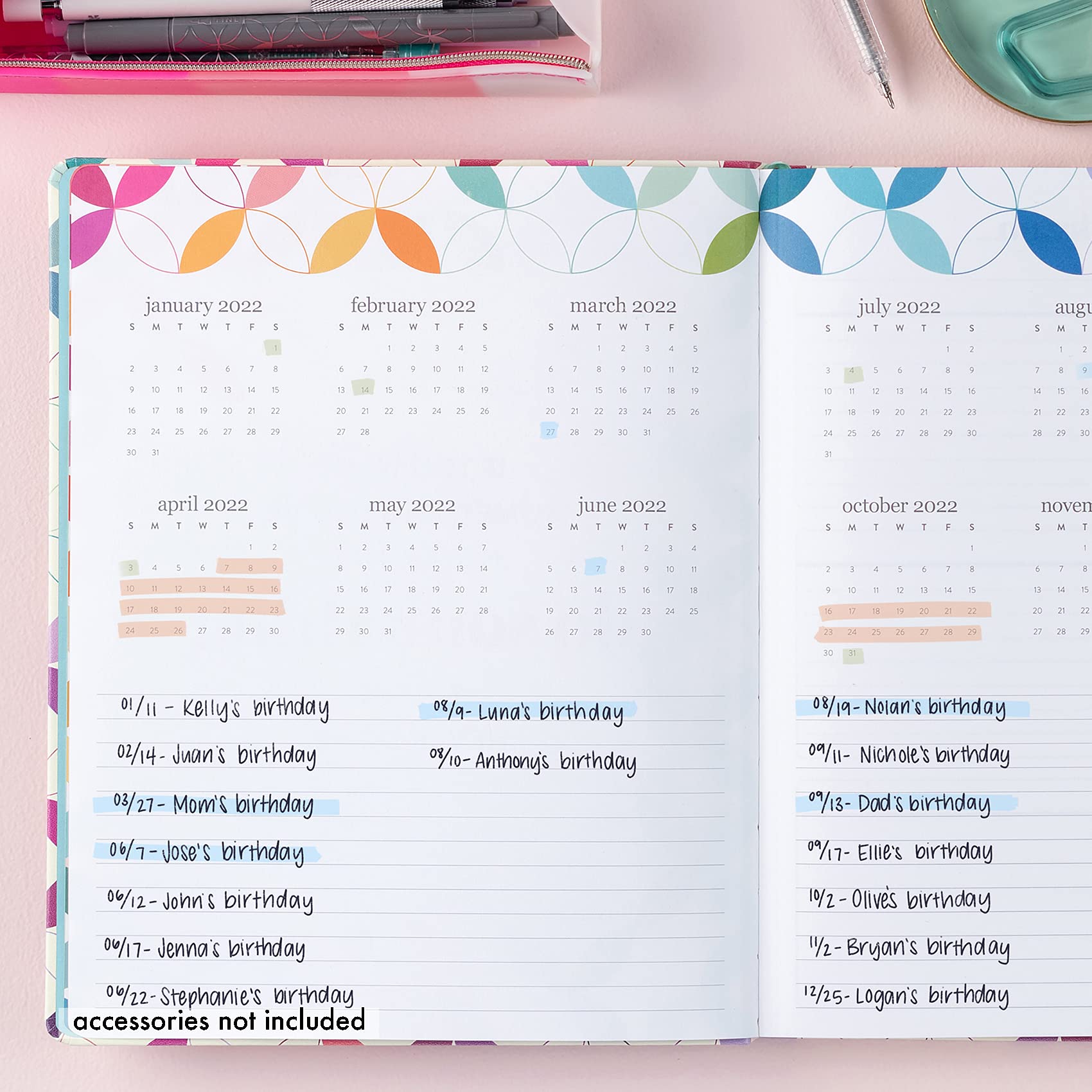 8” x 10” 12 Month Soft Bound Life Planner ( Jan 2022 – Dec 2022 ) – Colorful Mid Century Circles Cover + Mid Century Circles Interior Pages. Vertical Weekly and Monthly Agenda by Erin Condren