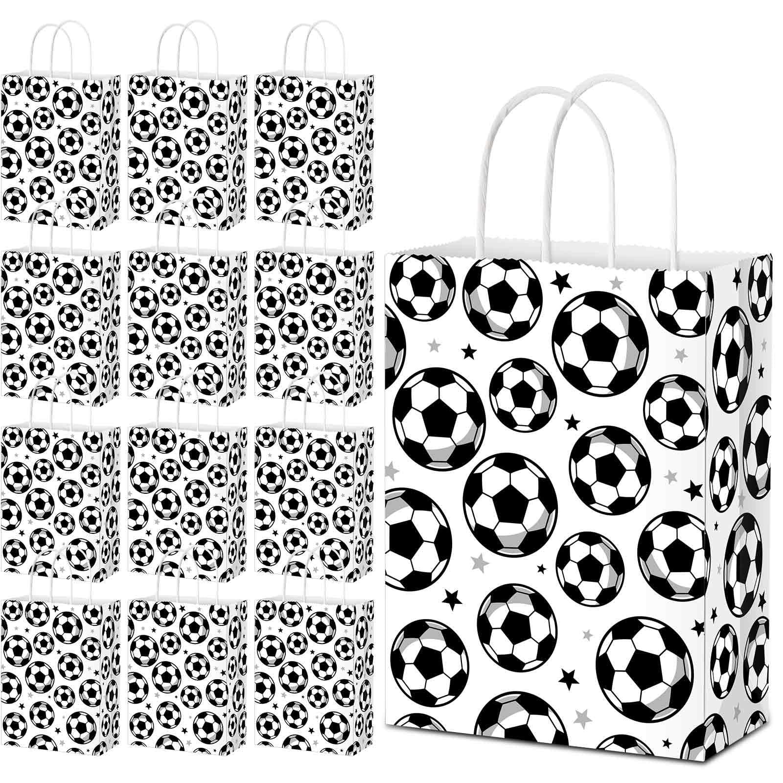 Blulu 24 Pack Soccer Gift Bags Soccer Party Favor Bags White Kraft Paper Soccer Bags for Treats Soccer Goodie Bag Favors for Sports Theme Party Decorations, Game Celebration