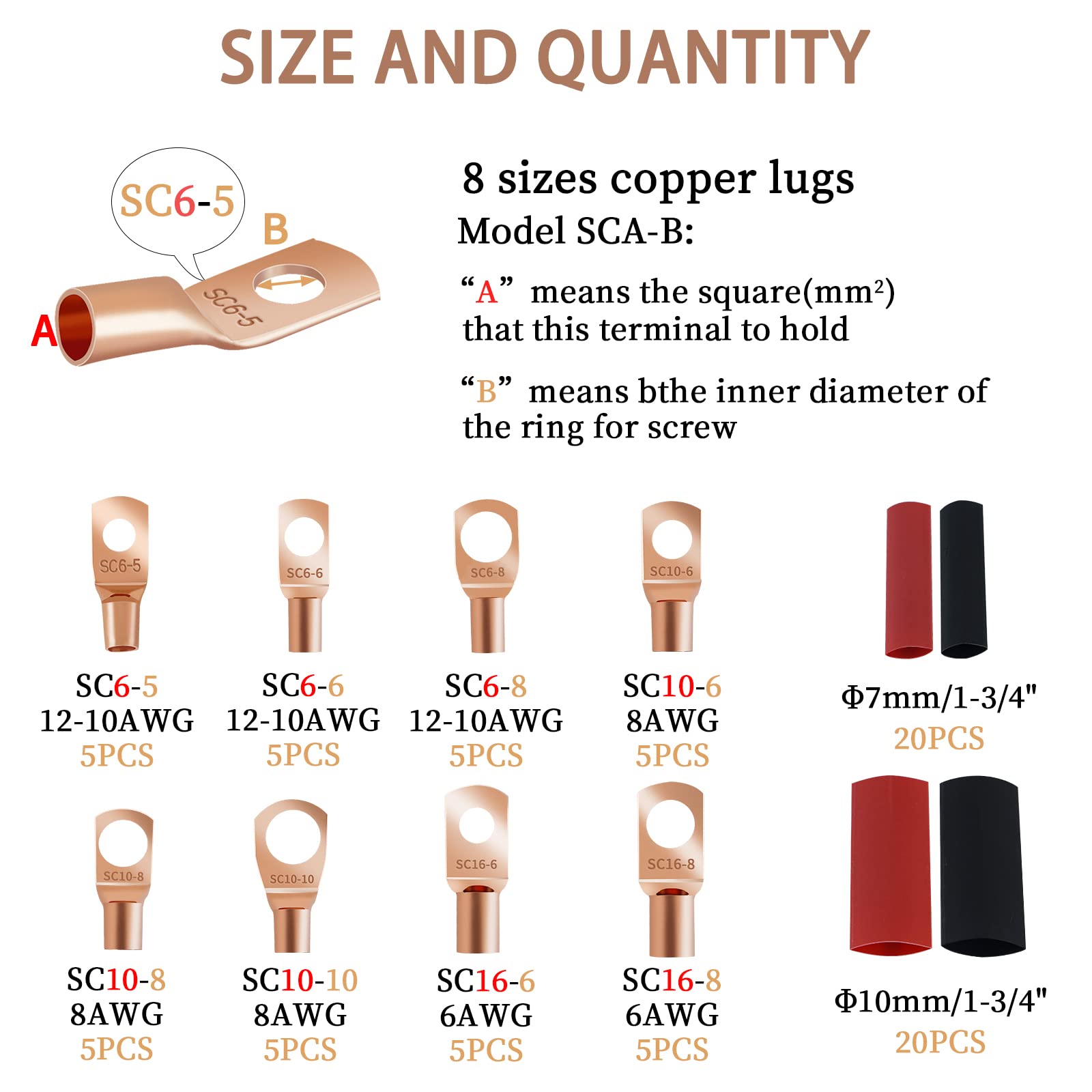 80 Pcs Copper Wire Lugs, Battery Terminal Connectors AWG 8 6 12/10 with Heat Shrink Set, 40 Pcs Heavy Duty Battery Cable Ends Ring Terminals Connectors with 40 Pcs Heat Shrink Tubing Assortment Kit