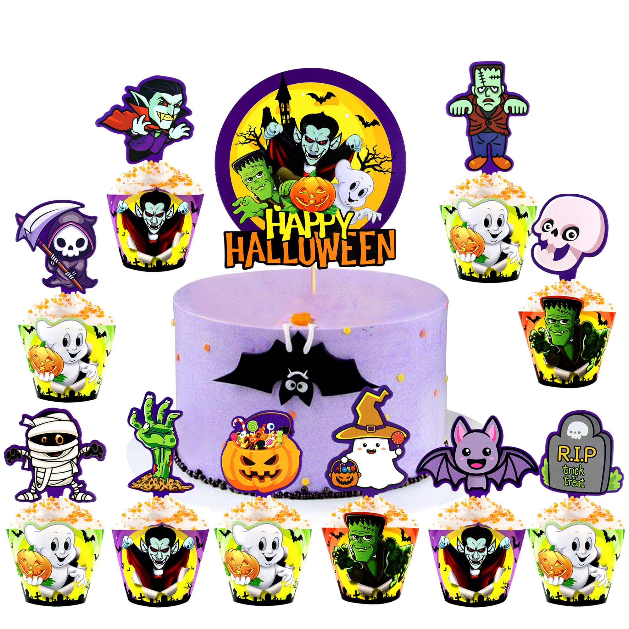 80 Pcs Halloween Cupcake Toppers Cupcake Liners Pumpkin 40 Pcs Cupcake Wrapper and 40 Pcs Cupcake Toppers muffin Case Trays for Halloween, Birthday, Decoration Party Supply (bite me)