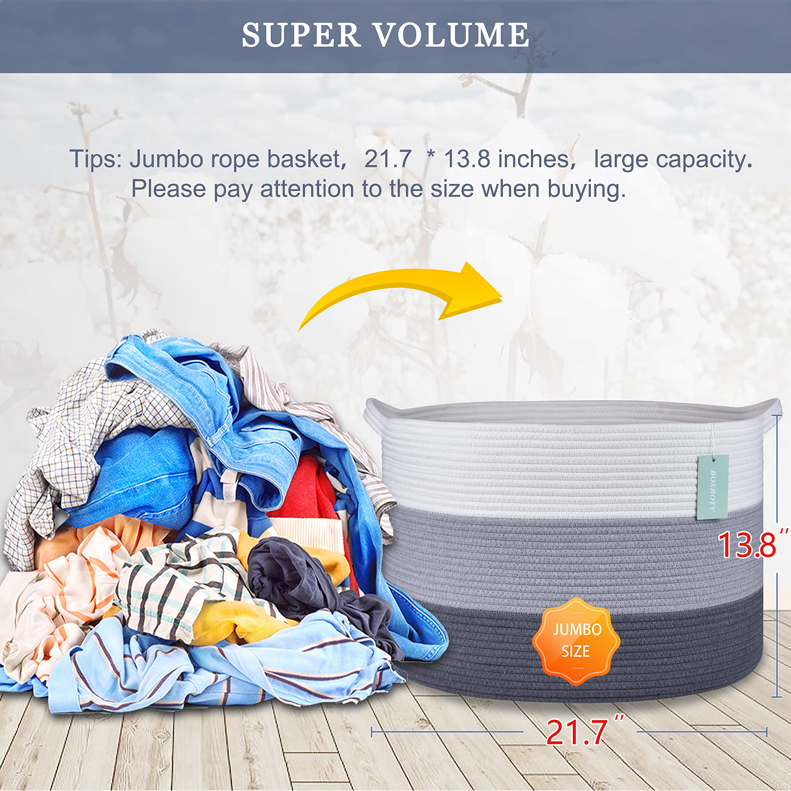 BOSROTY Extra Large Blanket Basket 87L, Laundry Hamper, Baby Nursery Hamper, Large Laundry Basket For Girls Boys, Cotton Rope Basket, Clothes Basket Laundry, 22βx 14β, White & Gray