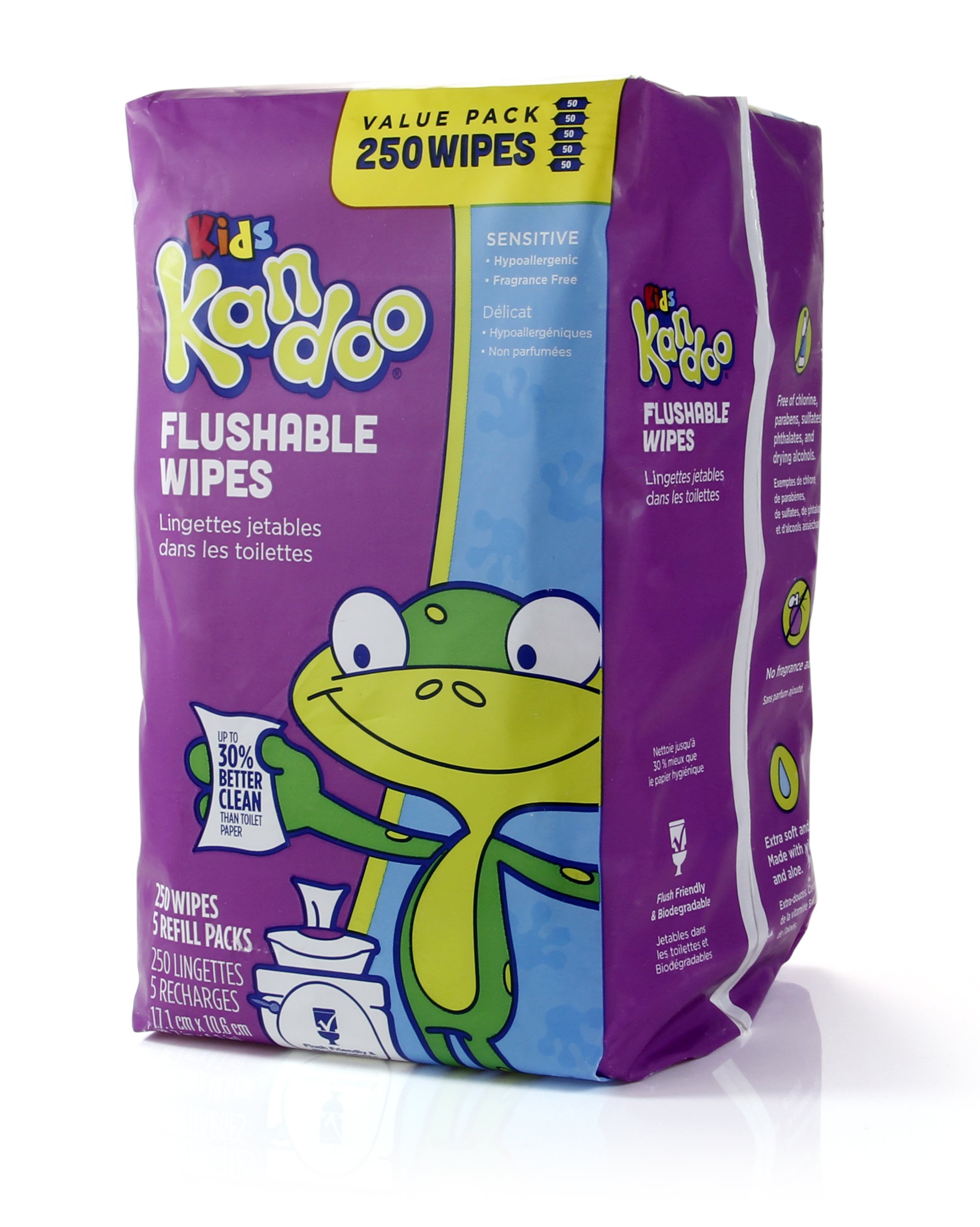 Flushable Wipes for Baby and Kids by Kandoo, Unscented for Sensitive Skin, Hypoallergenic Potty Training Wet Cleansing Cloths, 250 Count, Pack of 5