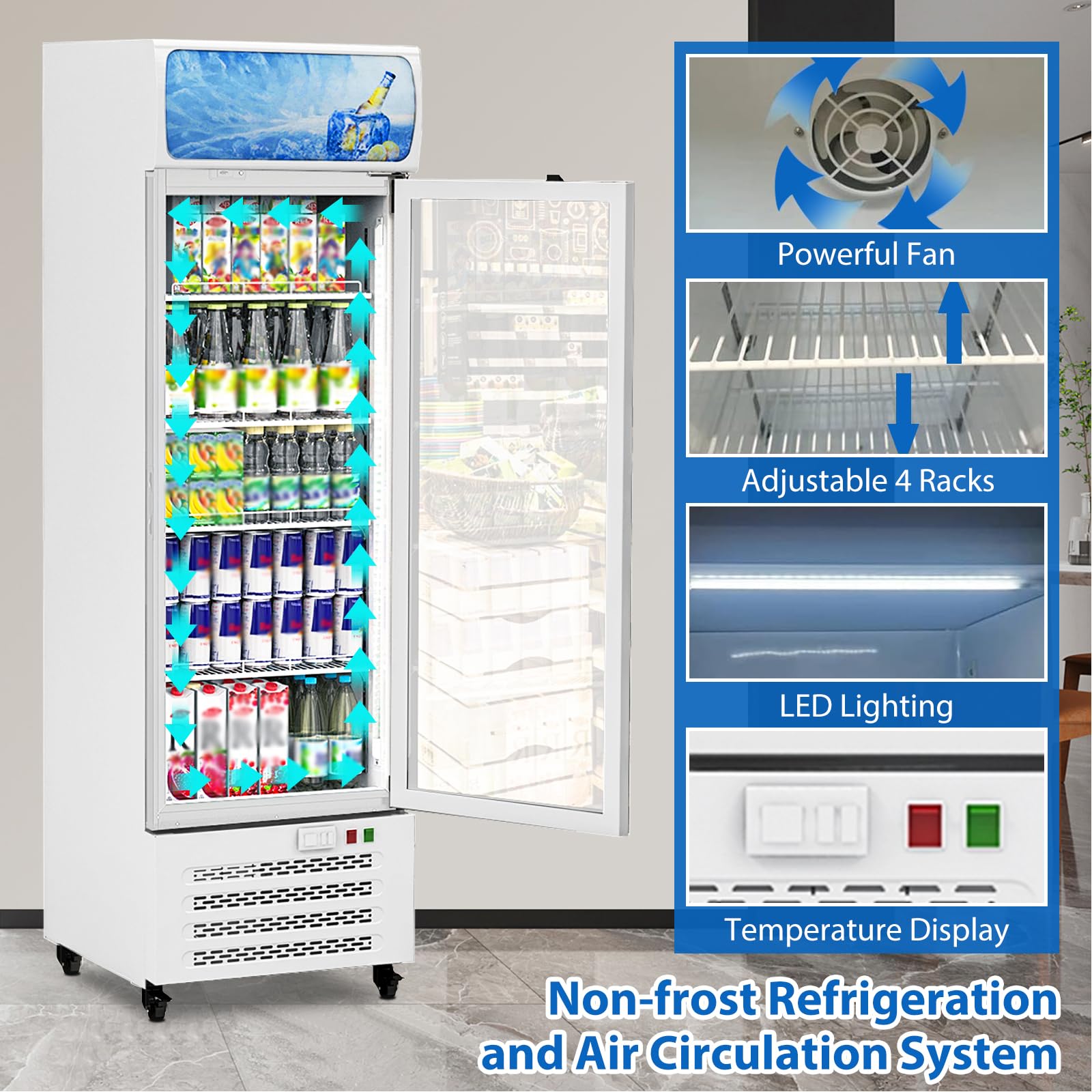 GAOMON Commercial Refrigerators Display Fridge 12 Cu.ft, Beverage Refrigerator and Cooler with Adjustable Removable Shelves and LED Light for Home, Store, Gym, Bar or Office, Single Swing Door