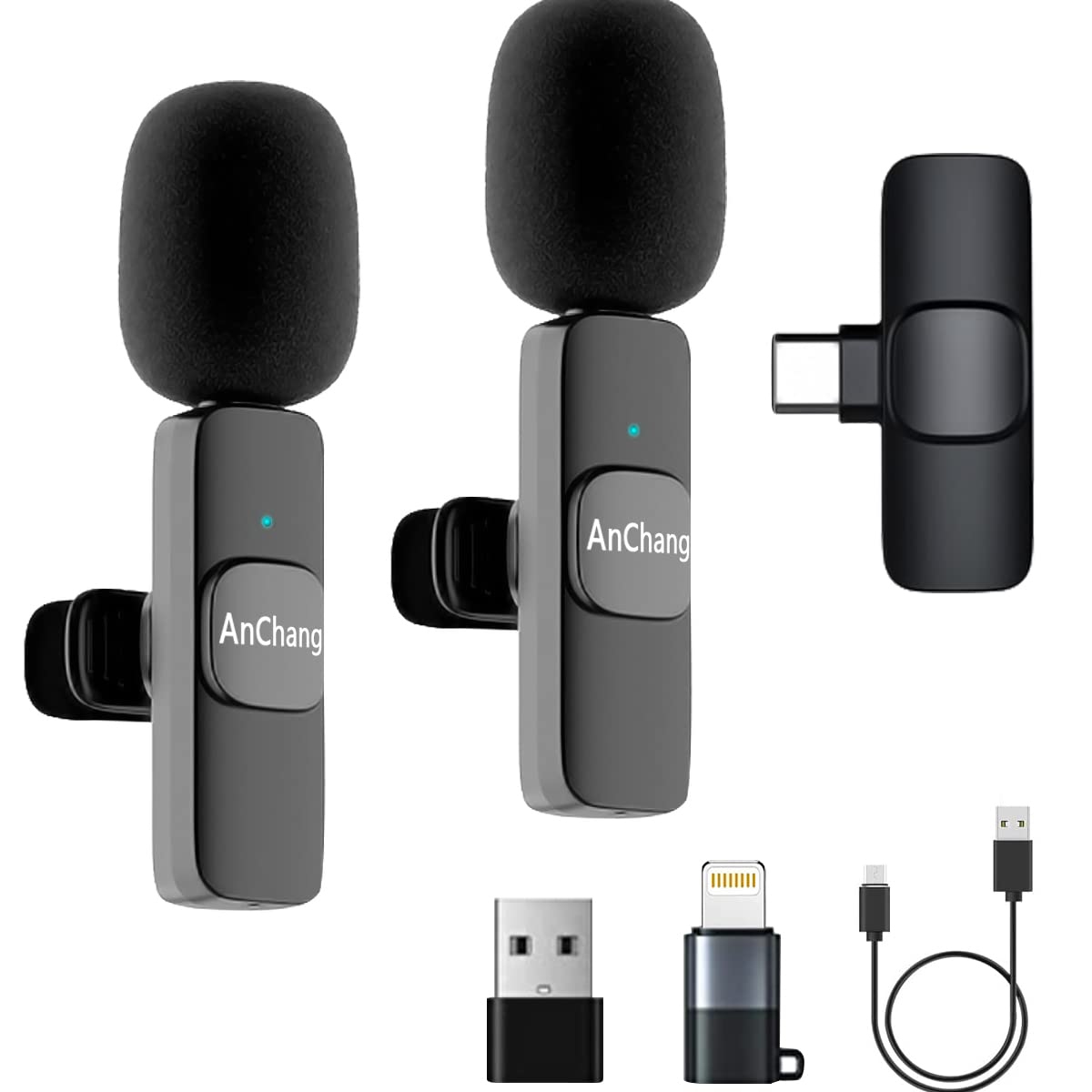 AnChang 2 Pack Wireless Lavalier Microphone for iPhone Wireless Microphones Plug-Play Lapel Mic Built-in Noise Reduction Chip Mini Microphone for Video Recording, Live Stream, Vlog, YouTube, TikTok