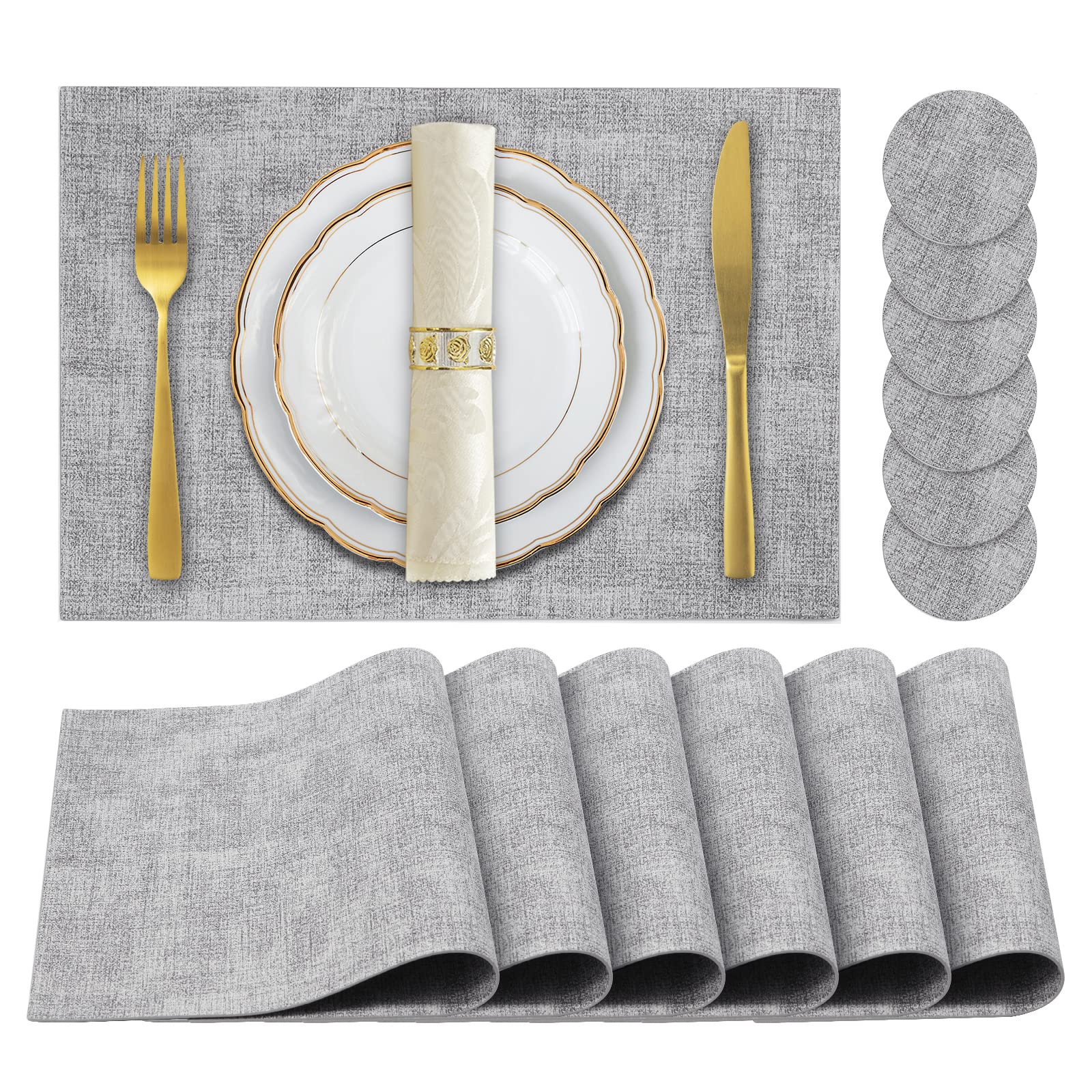 JUCCWARM Faux Leather Placemats Set of 6,Heat Resistant Placemats for Dining Table, Easy Clean Non-Slip Place Mats, Waterproof Stain Resistant Wipeable Washable PU Table Mats, (Light Grey)