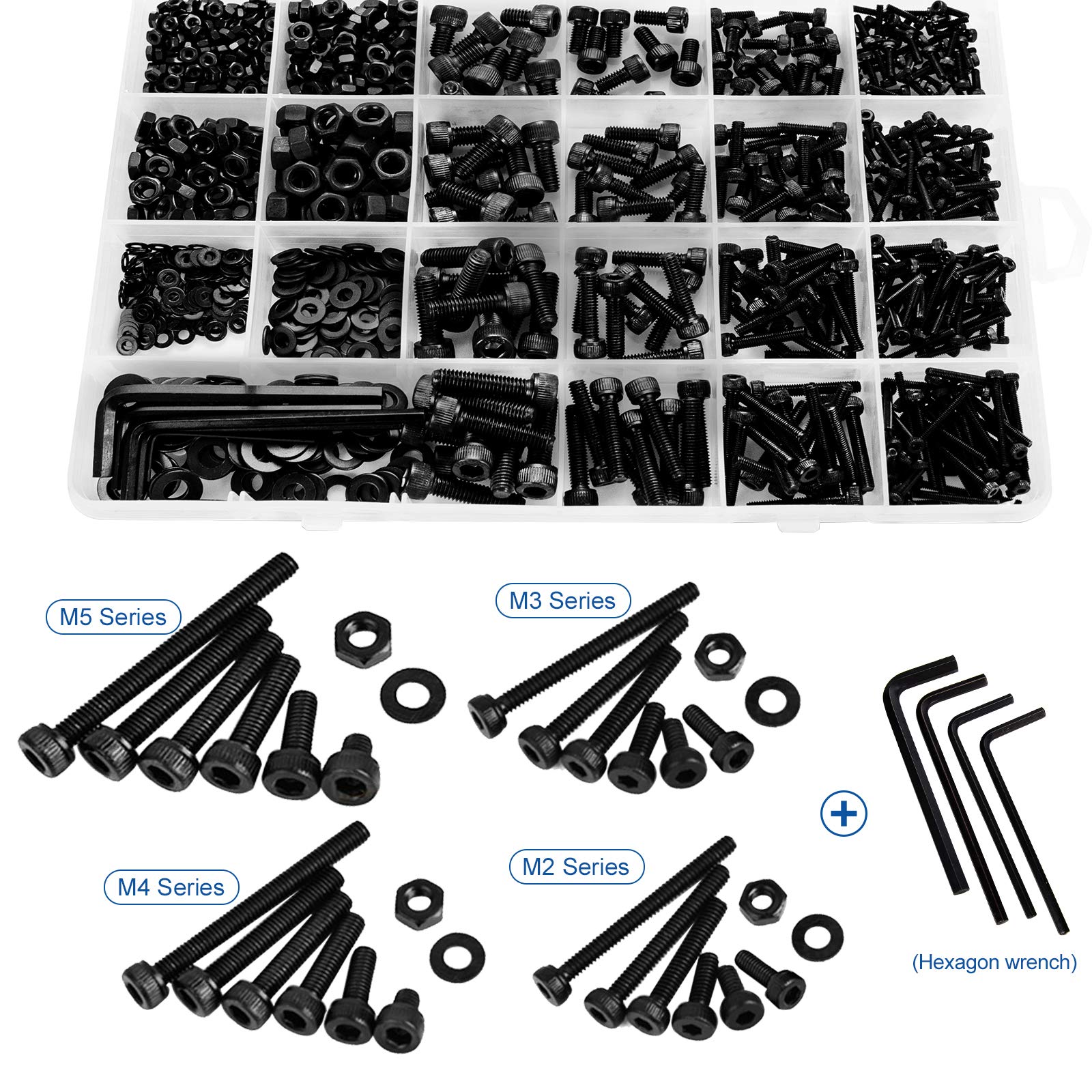 NINDEJIN M2 M3 M4 M5 Hex Socket Head Cap Screw Bolts Nuts and Washer Assortment Kit, 1060 PCS Black Machine Screws Set, 12.9 Carbon Steel Metric Small Parts with 4 Pieces Allen Wrenches