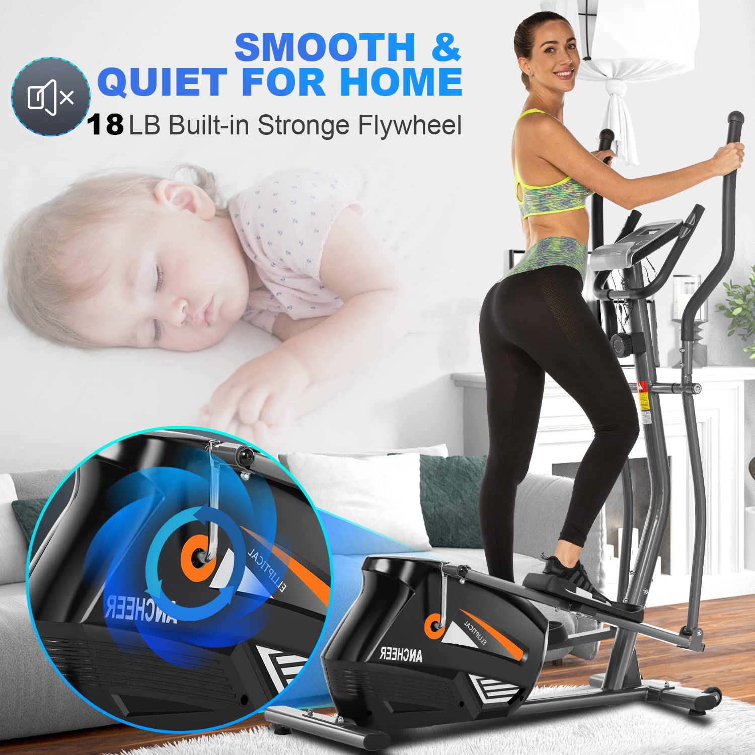 ANCHEER Elliptical Machine, Quiet & Smooth Driven Magnetic Elliptical Cross Trainer Machine with 10 Levels Resistance and 18lb Flywheel, Best Elliptical Exercise Machine for Home Gym Workout TP07