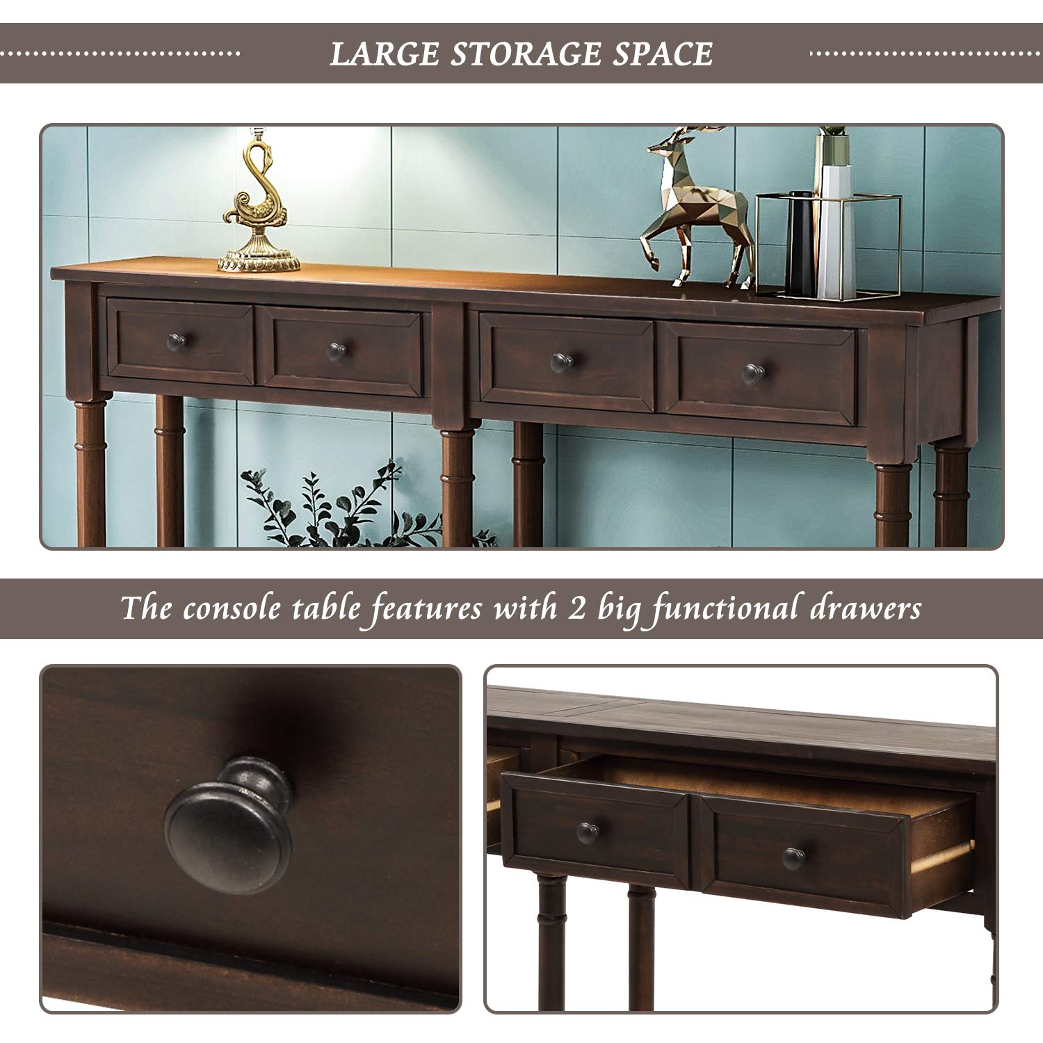 P PURLOVE Wood Slim Console Table with Drawer 58 Inch Long Sofa Table with Bottom Shelf for Living Room Bedroom Hallway Entryway