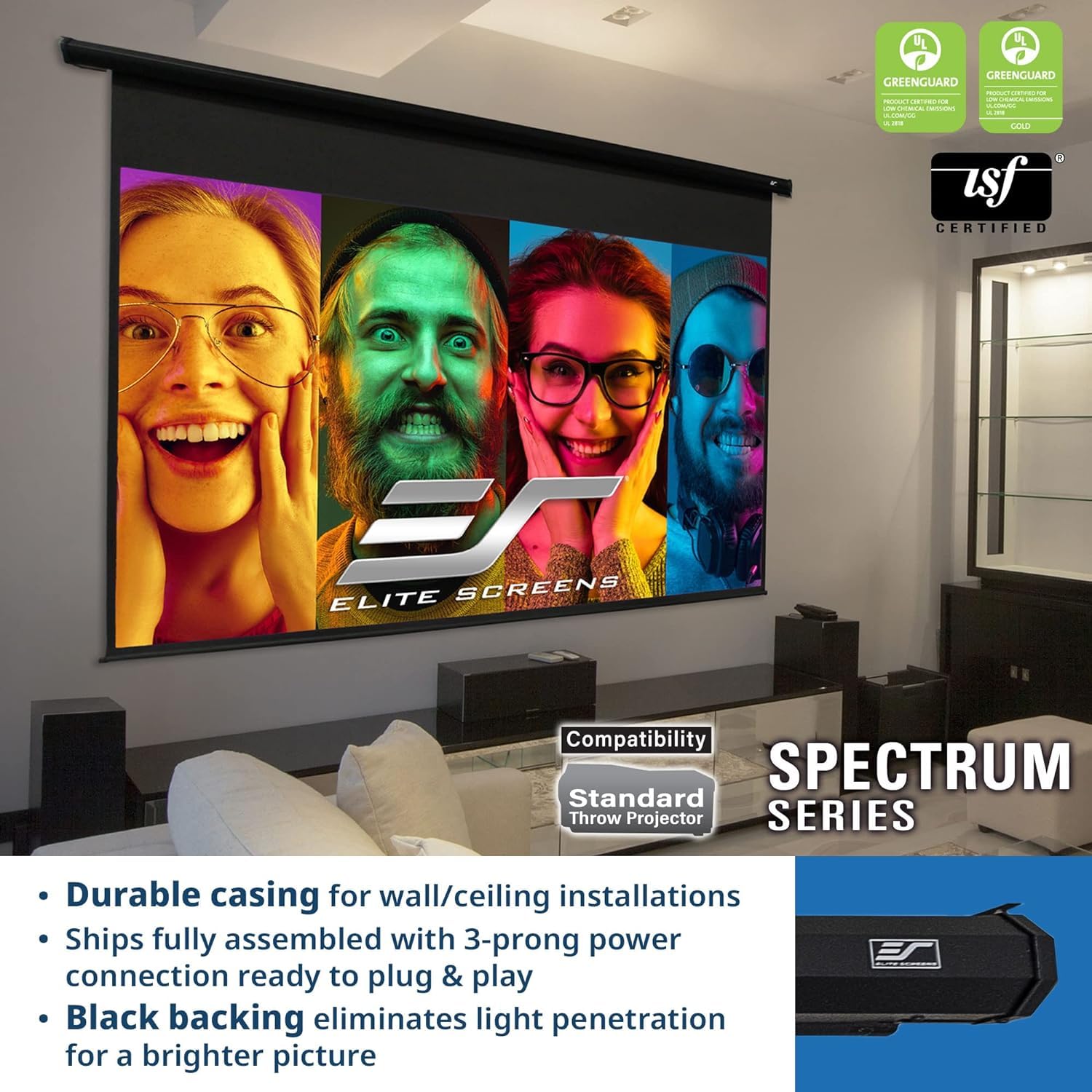 Elite Screens 125-INCH Spectrum RC1, Motorized Electric Projector Screen Home Theater 8K/4K Ultra HD Ready Projection, ELECTRIC125H2