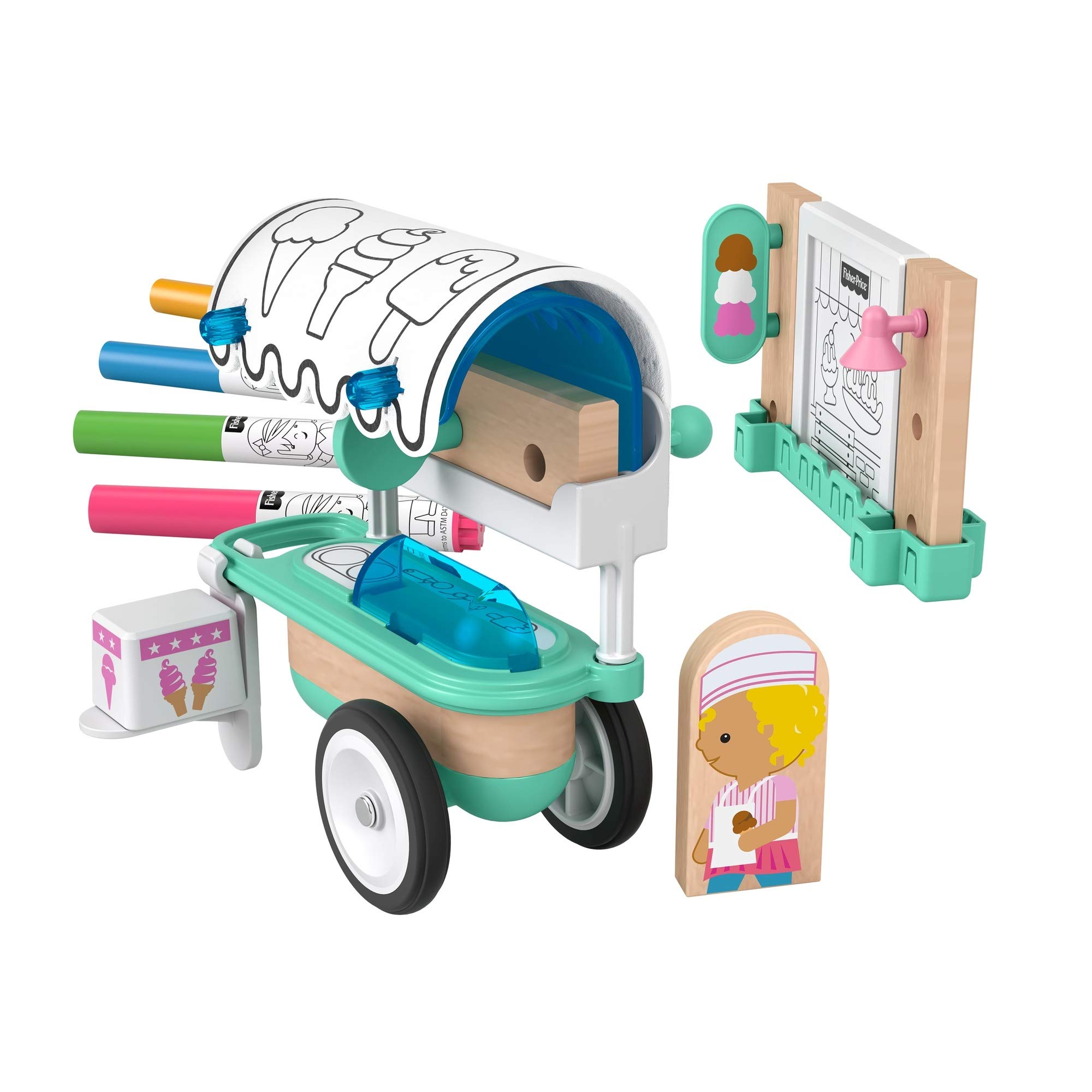 Fisher-Price Wonder Makers design system Ice Cream Cart, 15+ pieces, craftable building and track set with colorable pieces for preschool kids ages 3 years & up