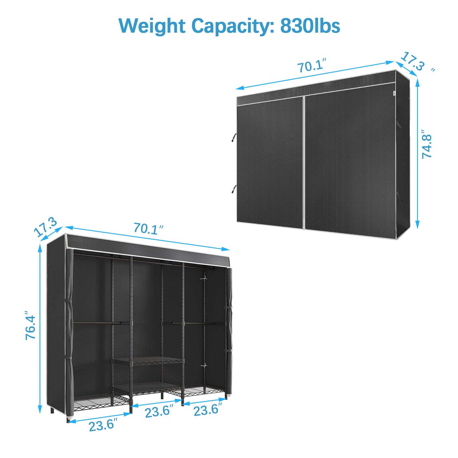 VIPEK V5C SE Garment Rack Wardrobe Closet, Heavy Duty Clothes Rack with Adjustable Shelves and Black Upgraded Polyester Cover, Black Metal Clothing Storage Organizer for Bedroom, 70.1" Lx17.3 Wx76.4 H