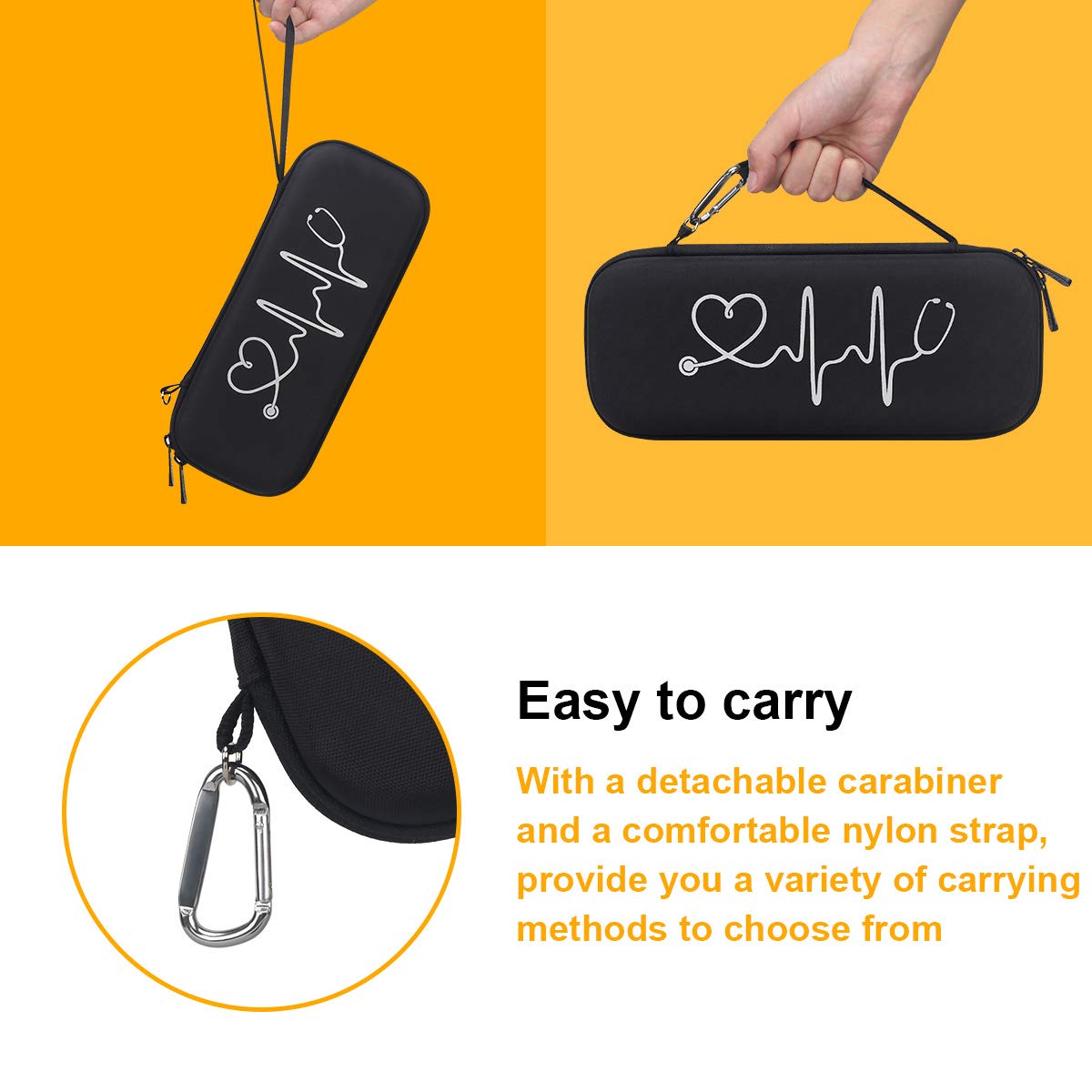 BOVKE Hard Stethoscope Case for 3M Littmann Classic III, Lightweight II S.E, Cardiology IV Diagnostic, MDF Acoustica Deluxe Stethoscopes - Extra Room for Taylor Percussion Hammer and Penlights, Black