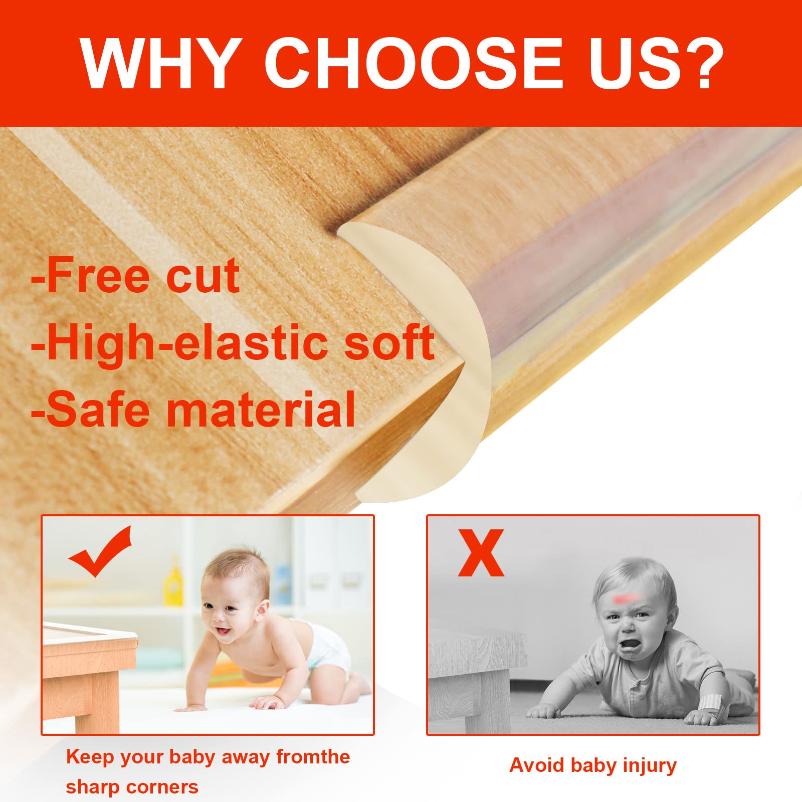 Baby Proofing, 39.4ft(12M) Edge Protector Strip Clear, Silicone Soft Corner Protectors for Kids Safety with Upgraded Pre-Taped Strong Adhesive for Cabinets, Desks, Drawers (8 Corners)