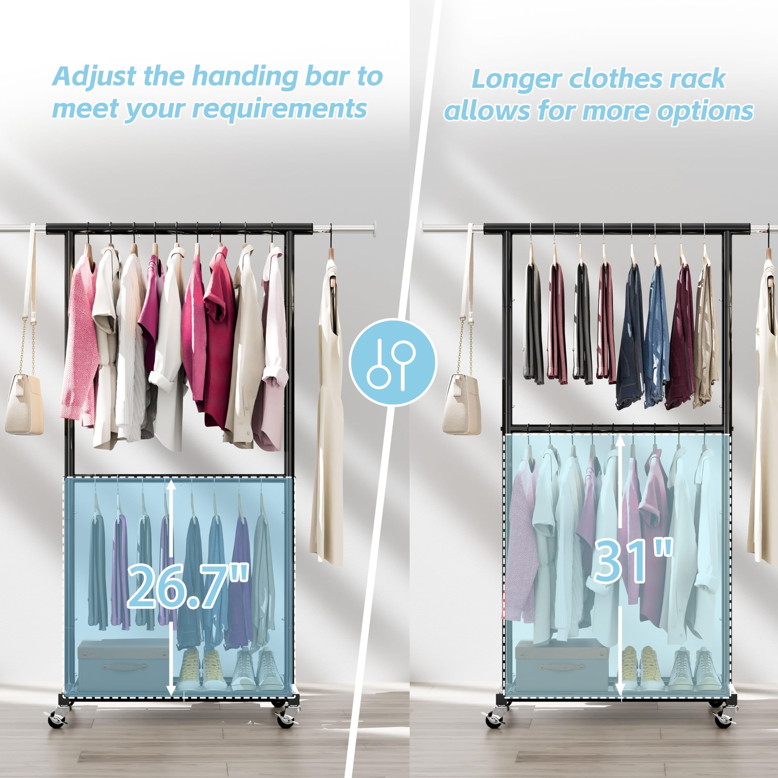 MWQ Double Rod Clothes Garment Rack on Wheels, 50in Long Rolling Clothing Storage Organizer with Adjustable Rod and Shelf, Black