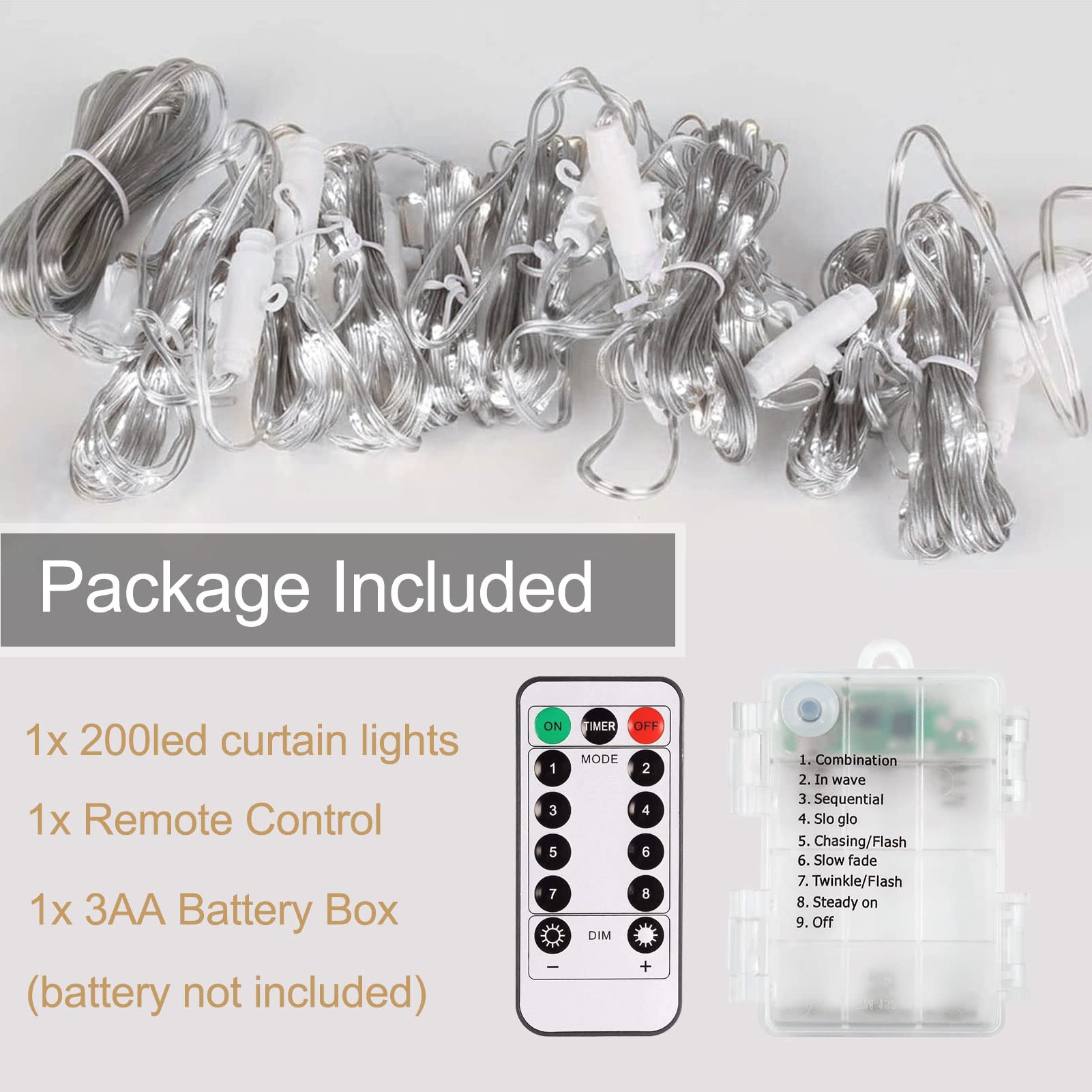 echosari Battery Operated Curtain String Lights, 6.6×6.6ft 200 LED Curtain Lights with Remote 8 Modes Timer Waterproof for Outdoor Indoor Wedding Backdrops Bedroom (Cool White)