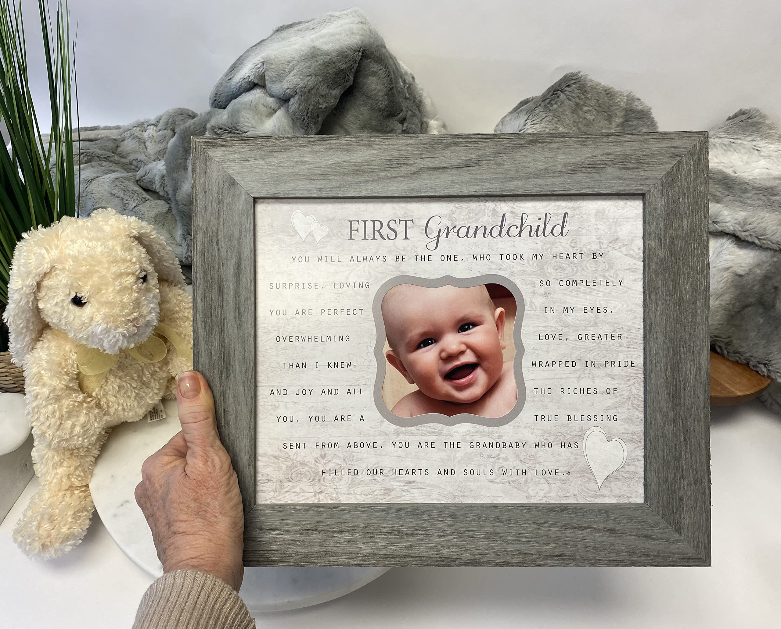 The Grandparent Gift Co. First Grandchild Poem 8 x 10 Inch Distressed Gray Picture Frame, Holds 3" Photo