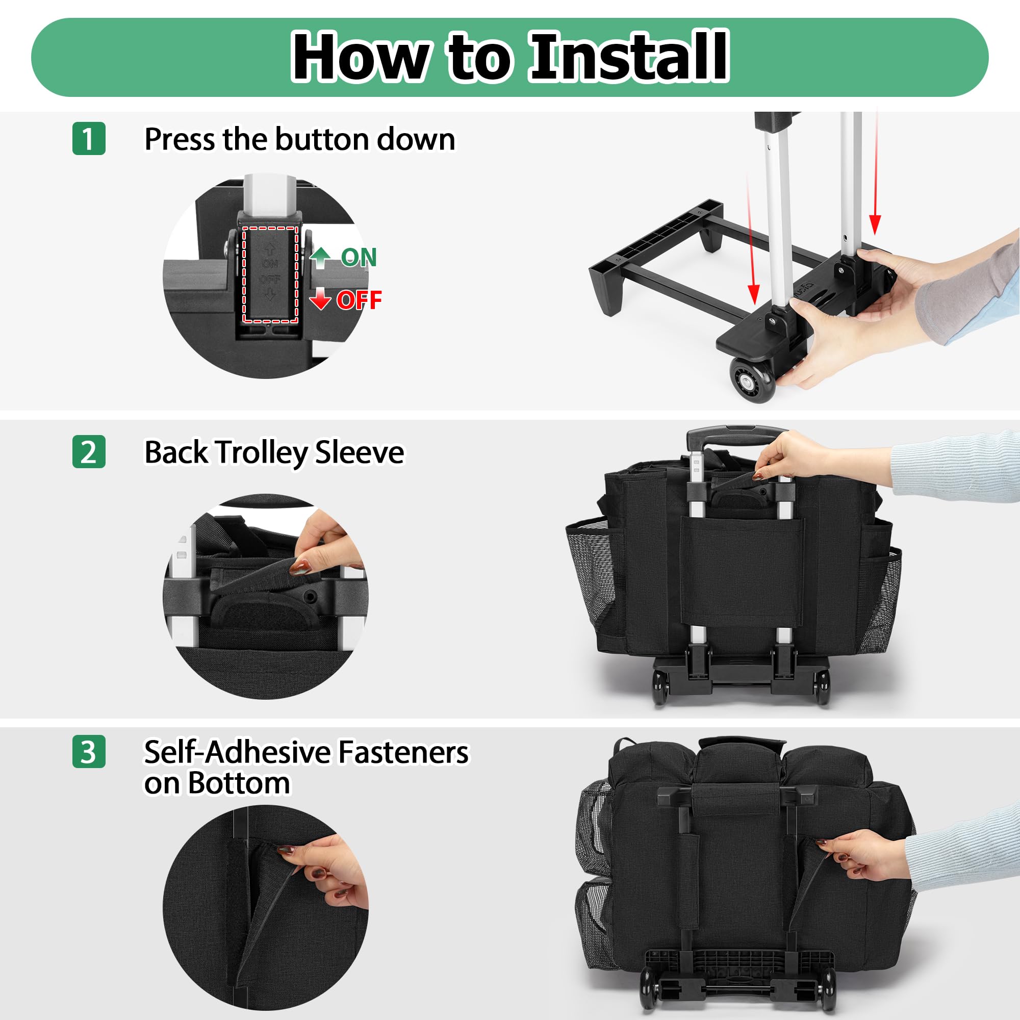 LoDrid Rolling Cleaning Bag with Detachable Trolley, Portable Cleaning Cart on Wheels for Cleaning Supplies, Professional Cleaning Caddy with Shoulder Strap for Housekeepers, Black (Patent Design)