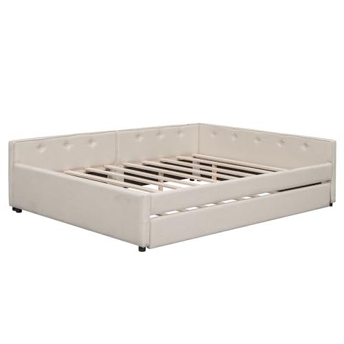 CABSETT Queen Size Upholstered Platform Bed with Trundle, Wood Daybed Frame Sofa Bed with USB for Bedroom Living Room Guest Room, Wood Slat Support, Space Saving Design, Beige