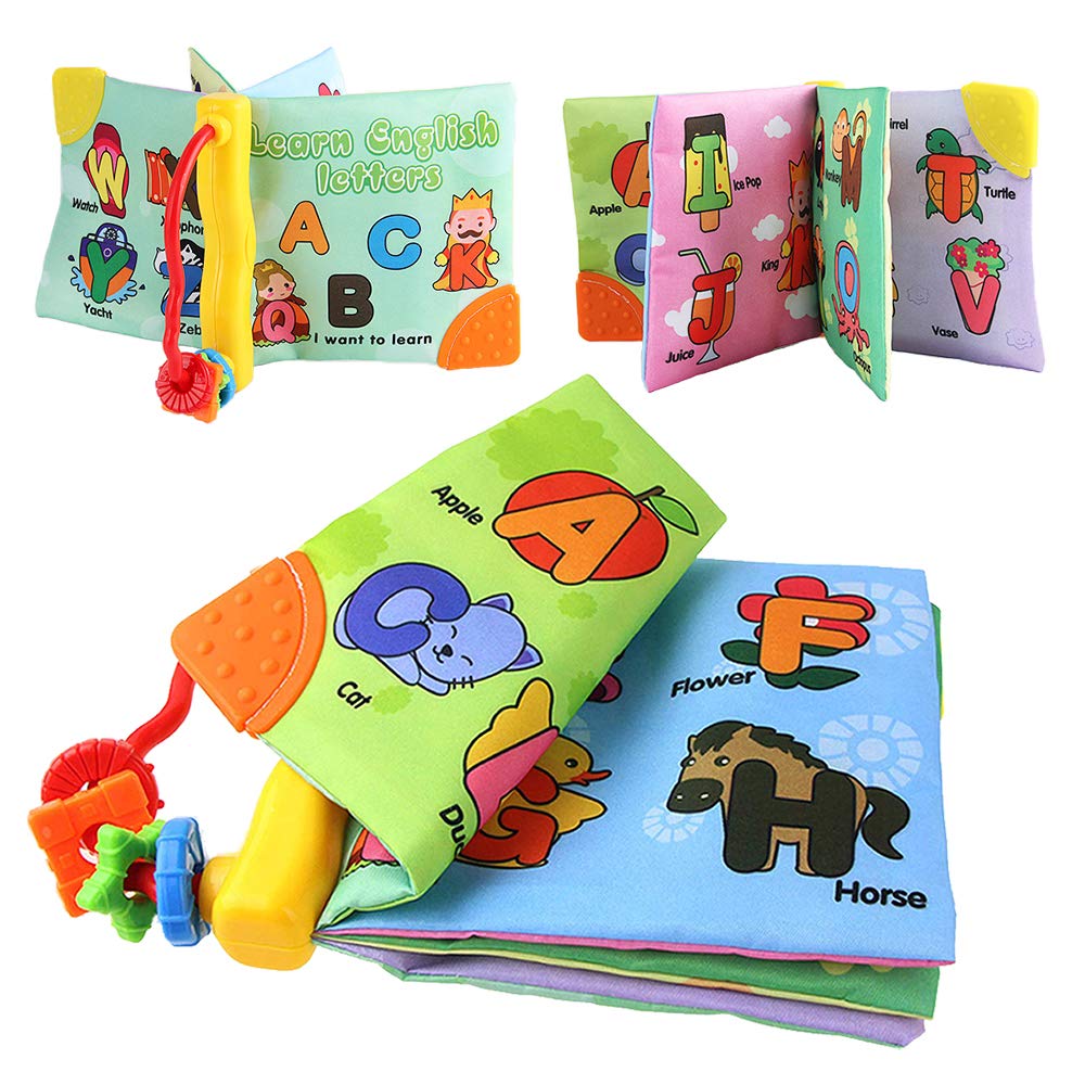 Hapavis Teething Cloth Books Soft Activity Crinkle Baby Books Toys for Early Education for Babies Teether Ring Letters