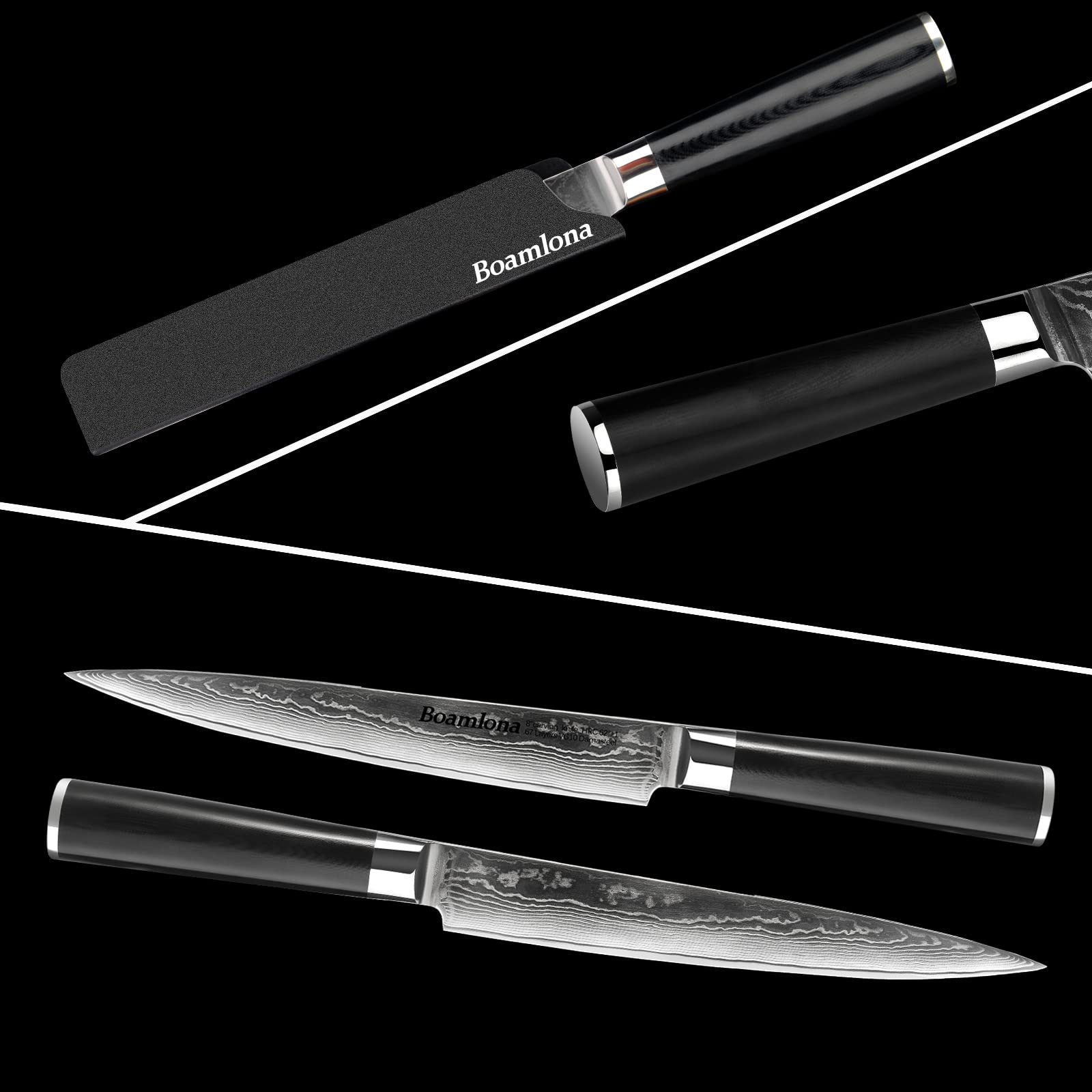 BOAMLONA Damascus Carving Knife - 8" Slicing Razor Sharp Meat Cutting Knife - Japanese VG10 Steel Core High-carbon steel Forged -Full Tang Ergonomic G10 Handle/w Sheath&Gift Box
