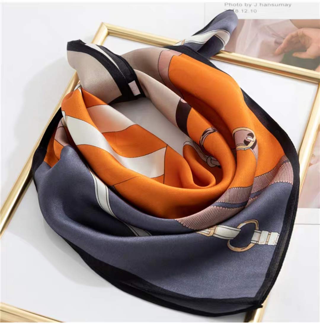 ANDANTINO 100% Real Mulberry Silk Scarf -21'' x 21''- Lightweight Neckerchief –Women Men Small Square Digital Printed Scarves (Belts-Orange-Grayish Blue)