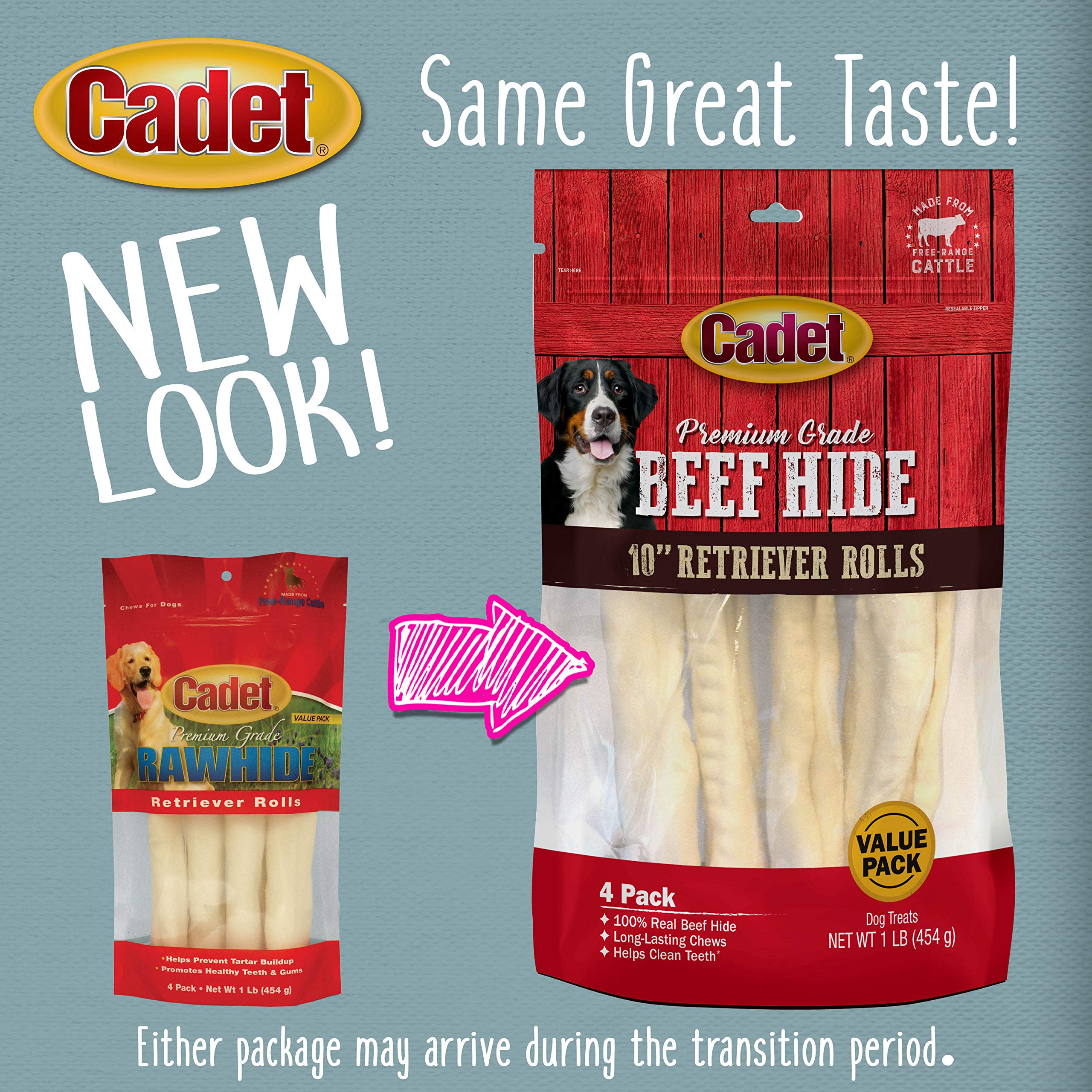 Cadet Premium Grade Beef Hide for Dogs, Long Lasting Rawhide Retriever Rolls, Single Ingredient Dog Chews, Beef Hide Flavor, 10 Inch (4 Count)