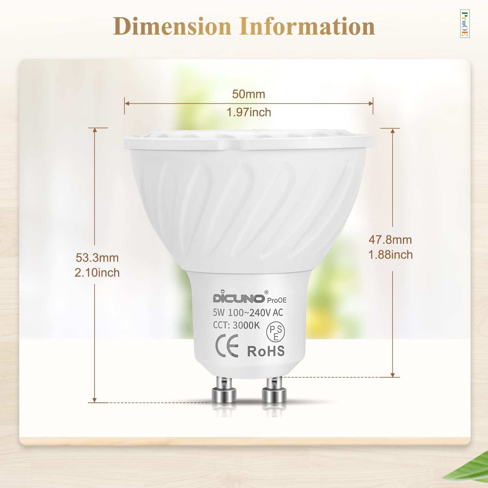 DiCUNO ProOE GU10 LED Bulb High CRI 98, 50W Halogen Equivalent, Flicker-Free Eye-Protection, Warm White 3000K, 5W GU10 Spotlights Bulbs 350LM Non-dimmable for Track, Recessed Lighting, 6 Pack