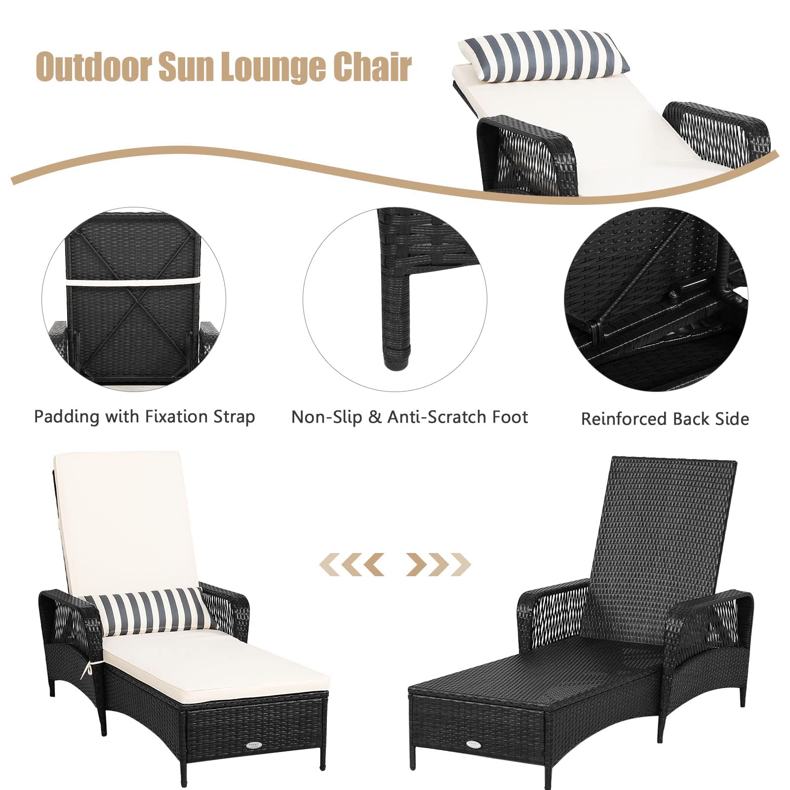 HAPPYGRILL 2 Patio Chaise Lounge Chair Set Outdoor Rattan Wicker Recliner with Thick Cushion, Lumbar Pillow, Adjustable Backrest for Garden Porch Lawn Poolside