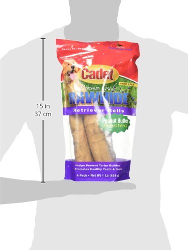 Cadet Premium Grade Beef Hide for Dogs, Long Lasting Rawhide Retriever Rolls, Single Ingredient Dog Chews, Peanut Butter Flavor, 10 Inch (4 Count)
