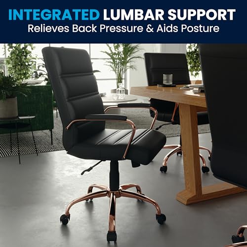 Flash Furniture Whitney Mid-Back Swivel LeatherSoft Desk Chair with Padded Seat and Armrests, Adjustable Height Padded LeatherSoft Office Chair, Black/Rose Gold