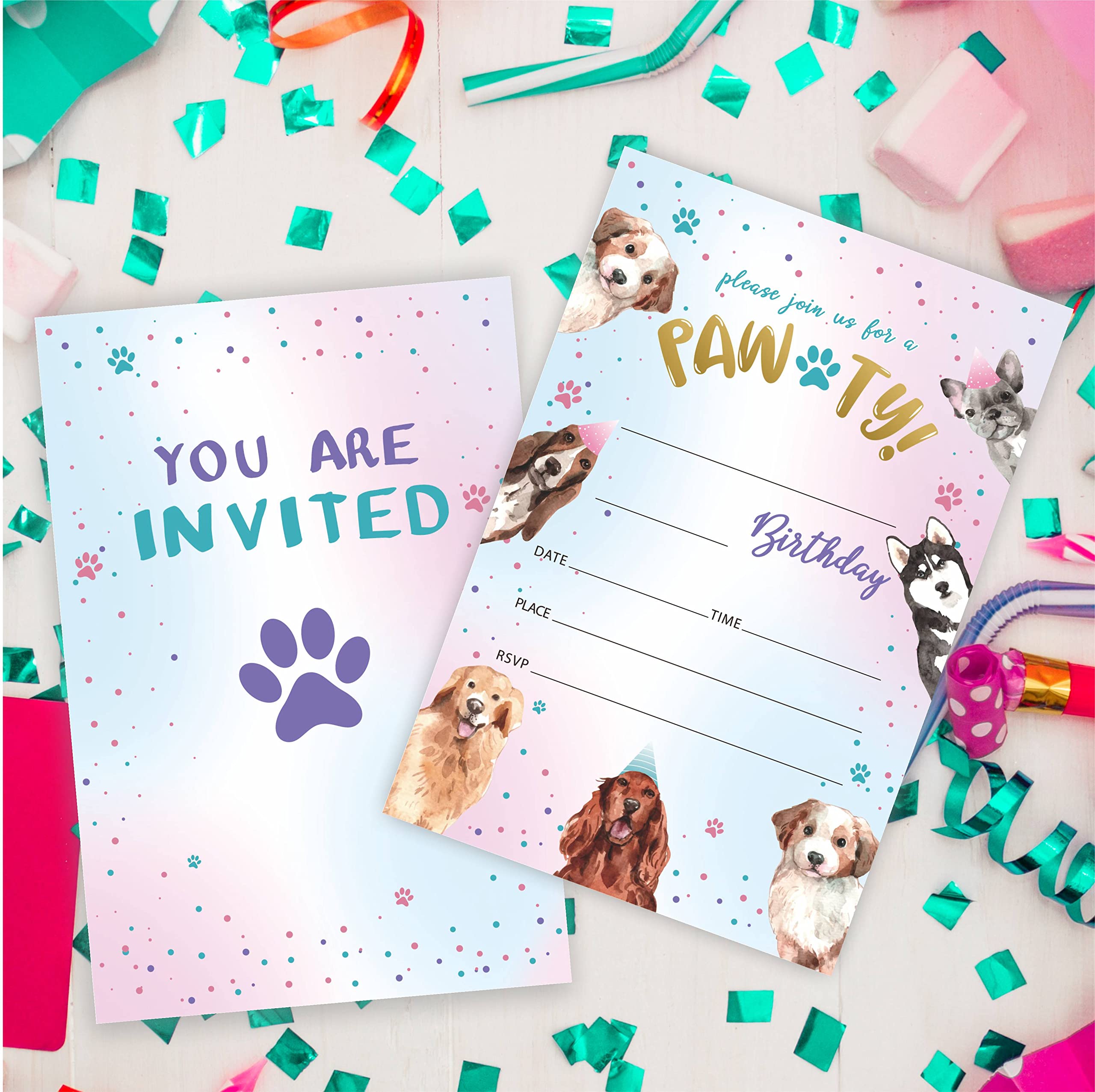 DYIRBIIY Puppy Birthday Invitations, 20 Fill-in Invites Cards with Matching Envelopes, Multicolor, Unisex-Adults
