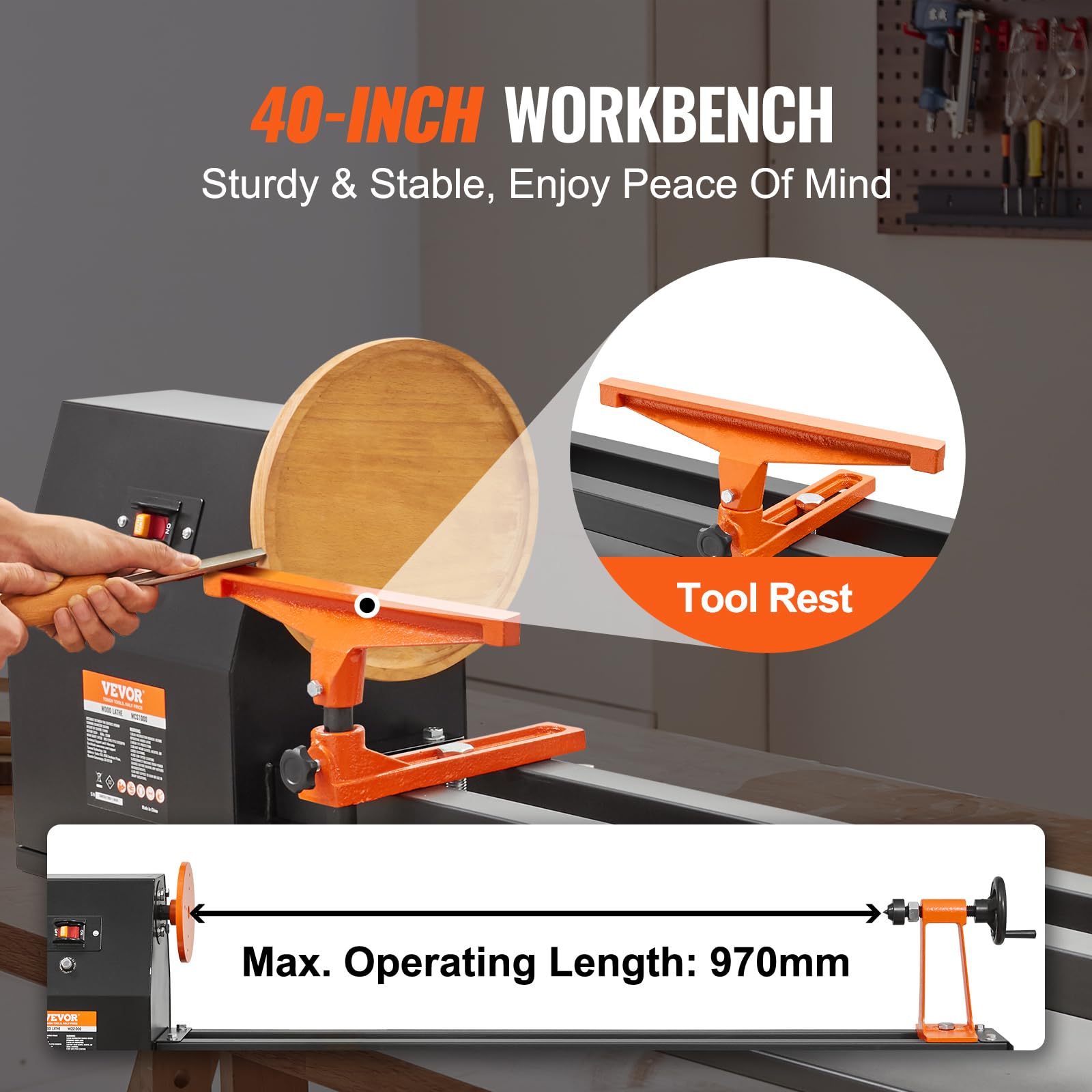 VEVOR Benchtop Wood Lathe, 14 in x 40 in, 0.5 HP 370W Power Wood Turning Lathe Machine, 4 Speed Adjustable 885/1245/1715/2425 RPM with Chisels Faceplate Plastic Handle Hex Wrench, for Woodworking
