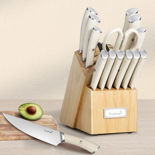 Kuisine Chef Knife Set Kitchen Utensil Set,High Carbon Stainless Steel Knife Set,Knife Block Set with Built-in Sharpener,Sharp Knife Set Forged,Elegant Gift(Ivory,15pcs)