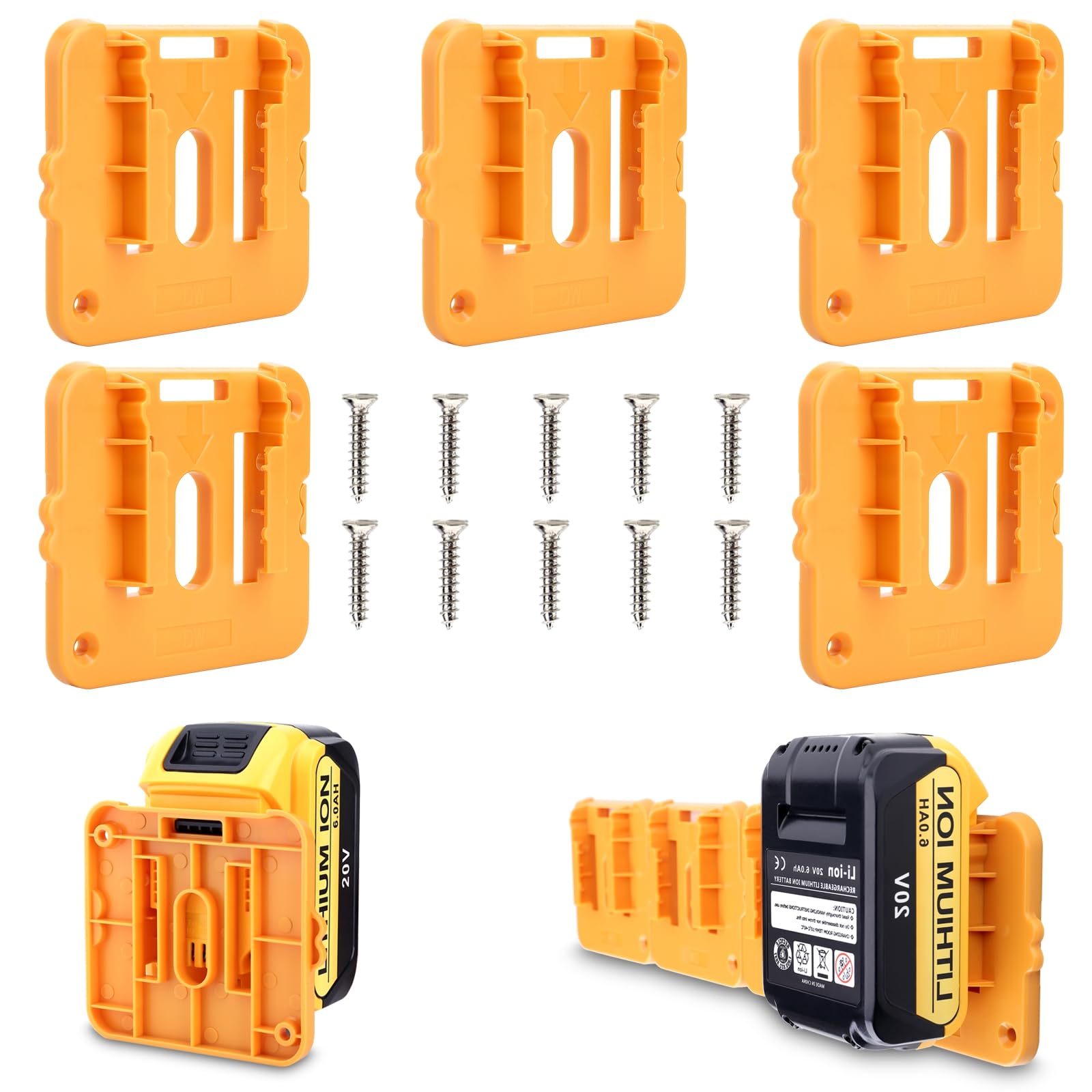 Biswaye 5-Pack Battery Dock Holder Compatible with DeWalt 20V Max Battery Holder, Wall Mount Batteries Storage for Work Van, Shelf, Toolbox
