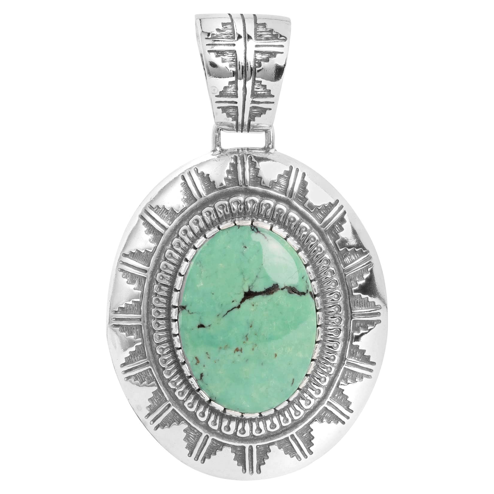 American West Sterling Green Turquoise Gemstone Diamond-Cut Oval Pendant
